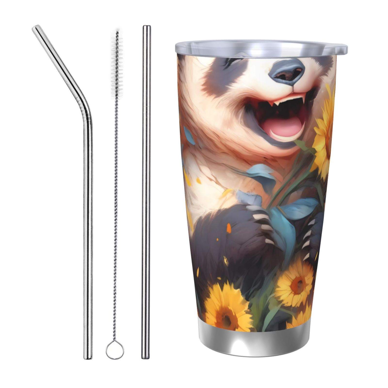 Gaeub Elegant Cute Panda Sunflower Print 20-Ounce Stainless Steel Car Cup,Tumblers Cups with ...