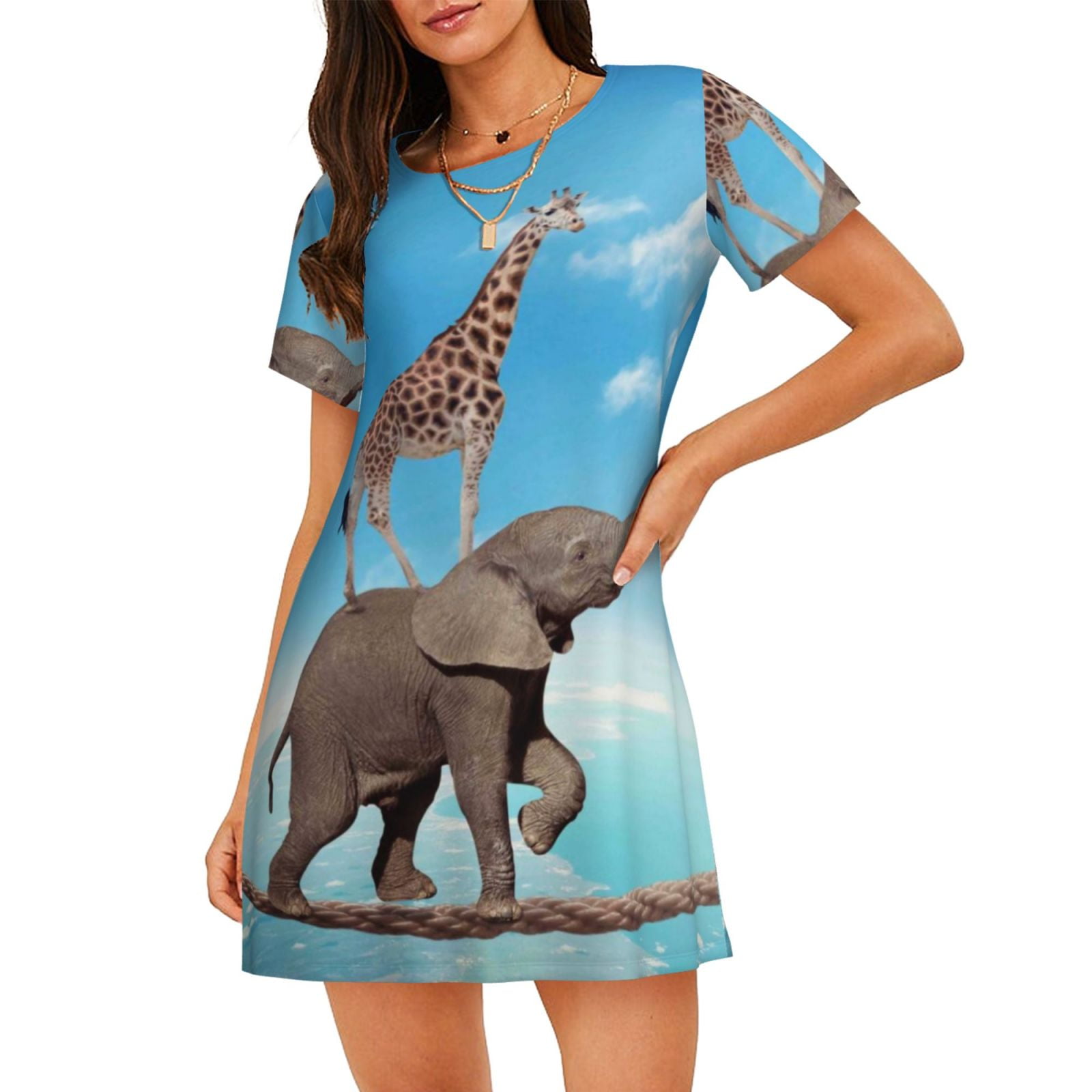 Gaeub Elephant Giraffe Print Women's Short-Sleeved Nightdress,Loose ...