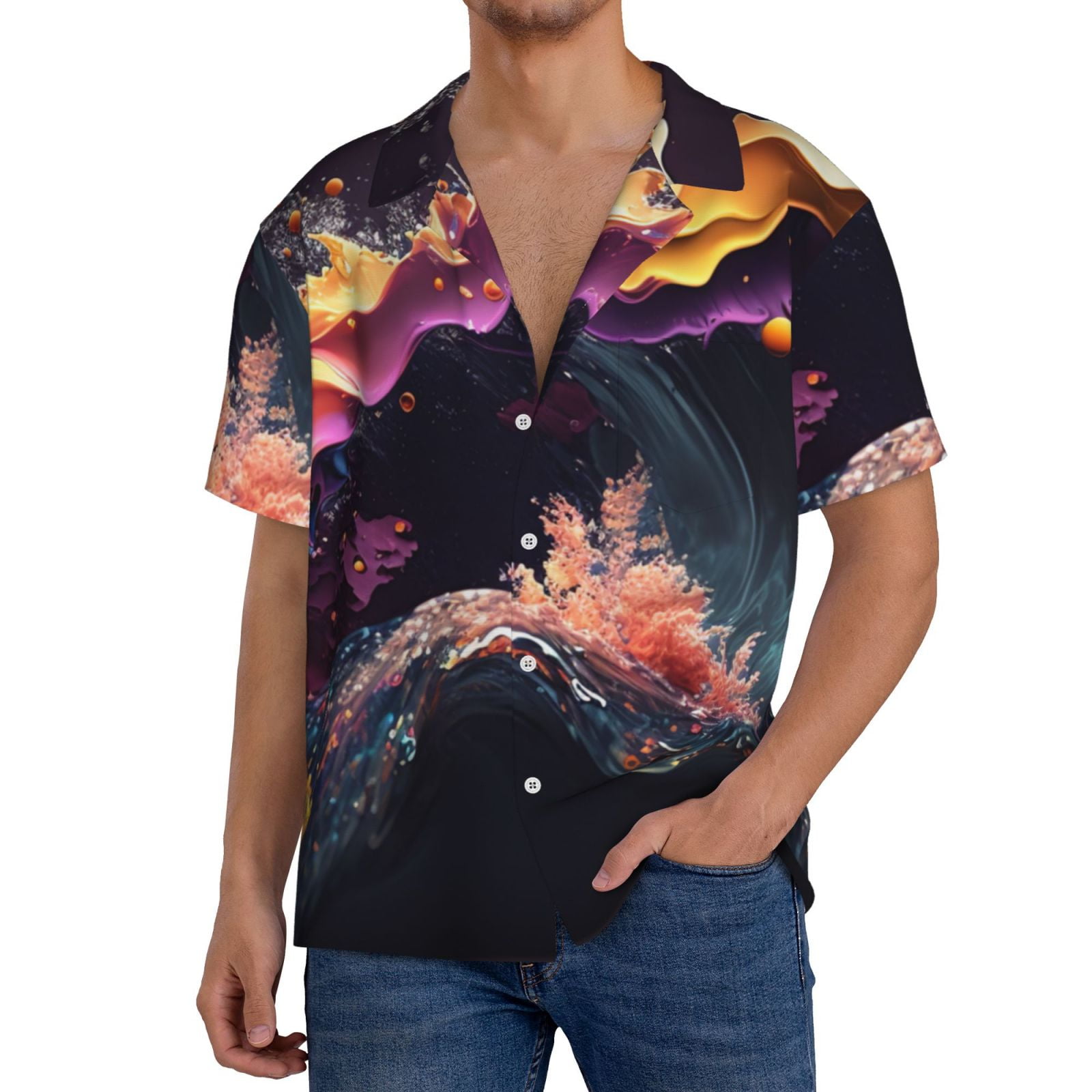 Gaeub Explosive Fluid Splash Art Men's Lapel Short Sleeve Shirt,Cuban ...