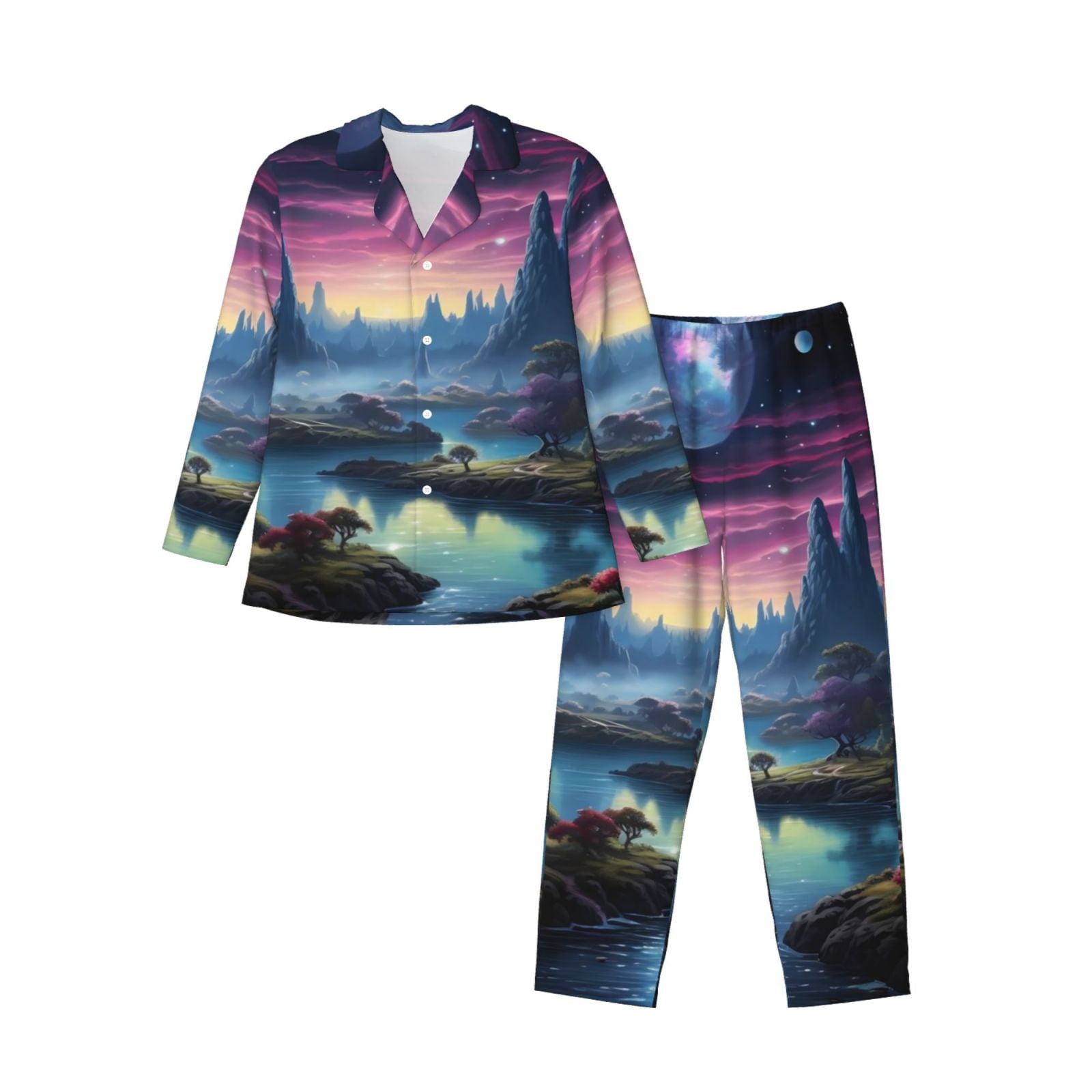 Gaeub Fantasy Landscape Starry Night Print Mens Pajama Set, Long Sleeve ...