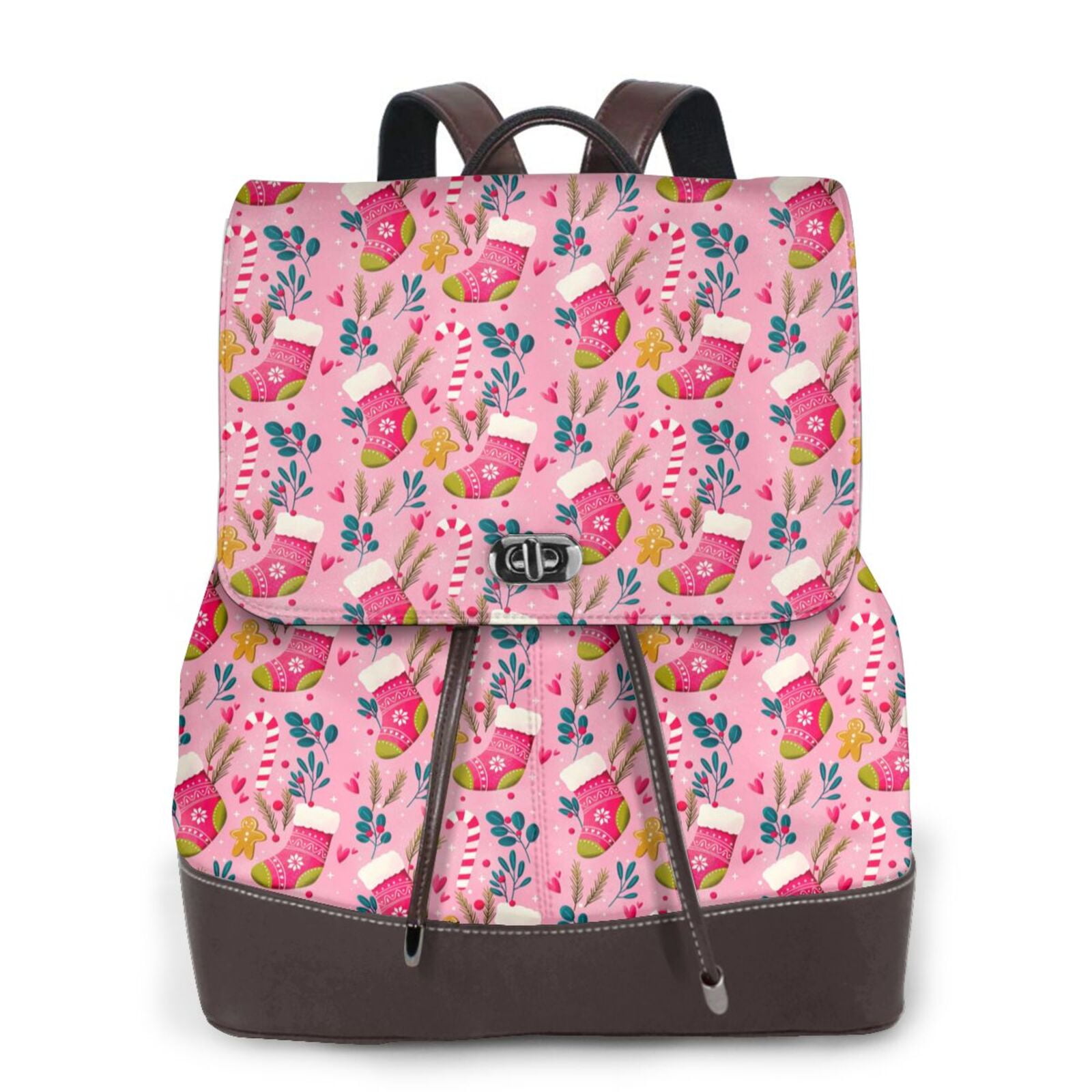 Gaeub Festive Christmas Stocking Cheer Print Women's Leather Backpack ...