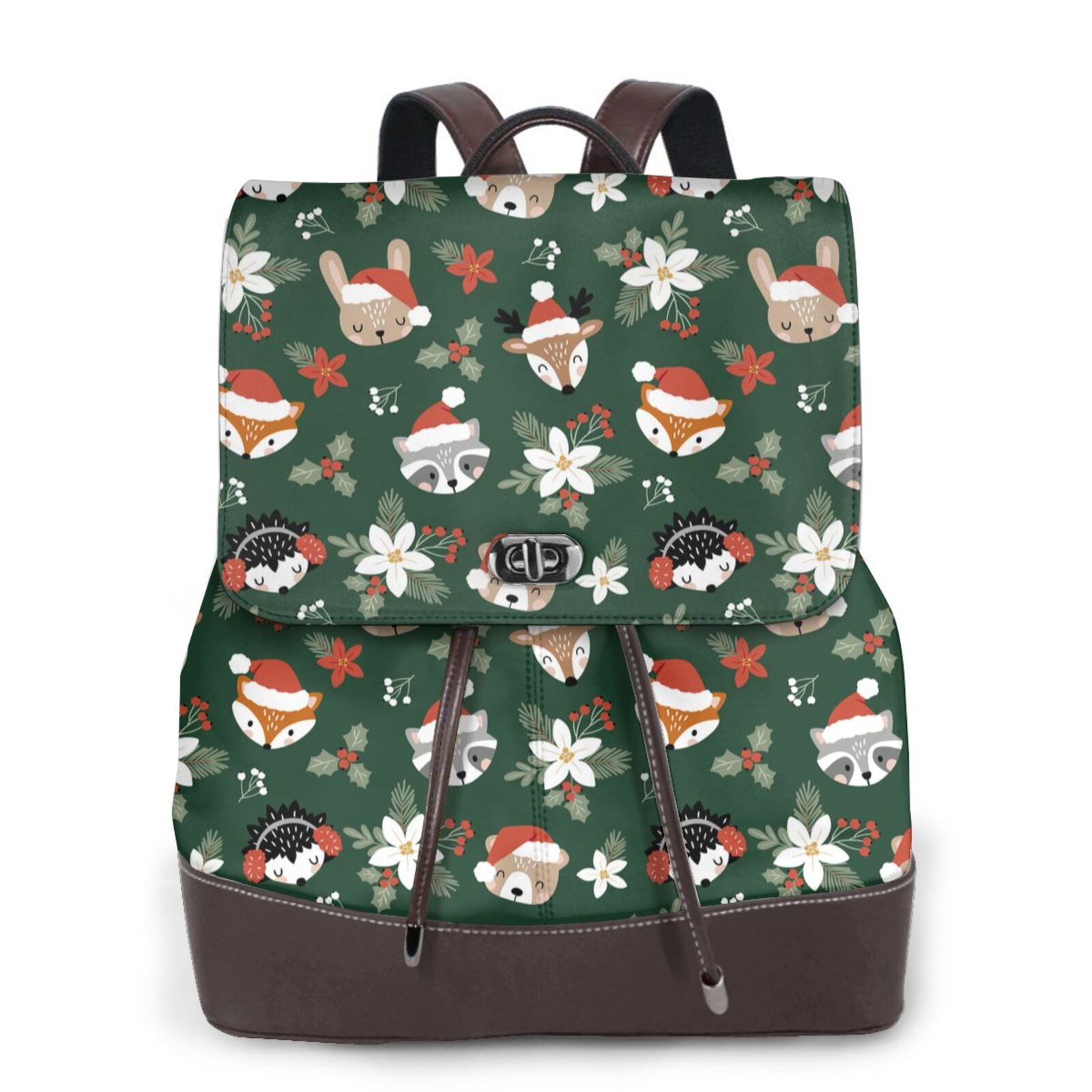 Gaeub Festive Forest Friends Print Women's Leather Backpack,Travel ...