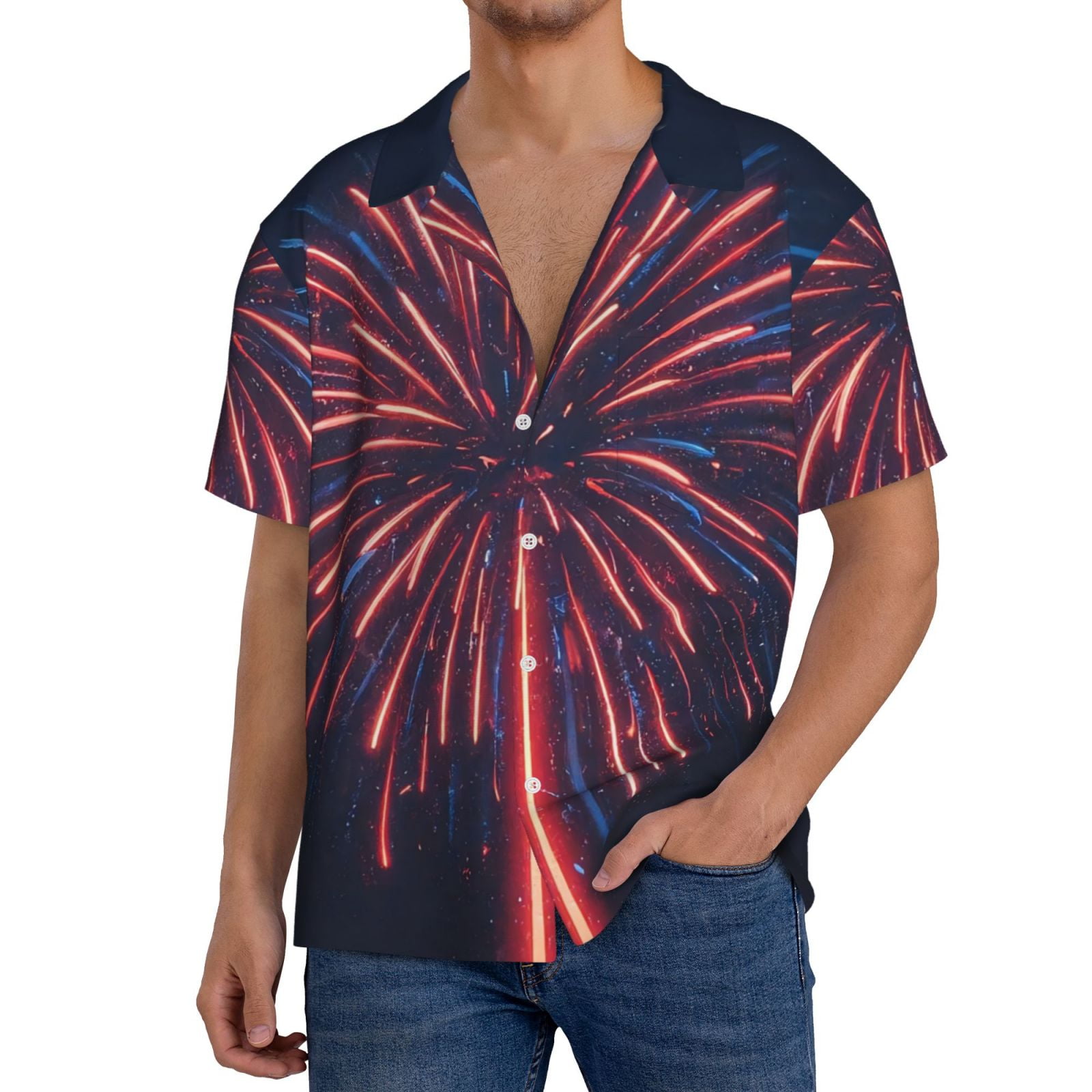 Gaeub Fireworks3 Men's Lapel Short Sleeve Shirt,Cuban Shirts For Men ...