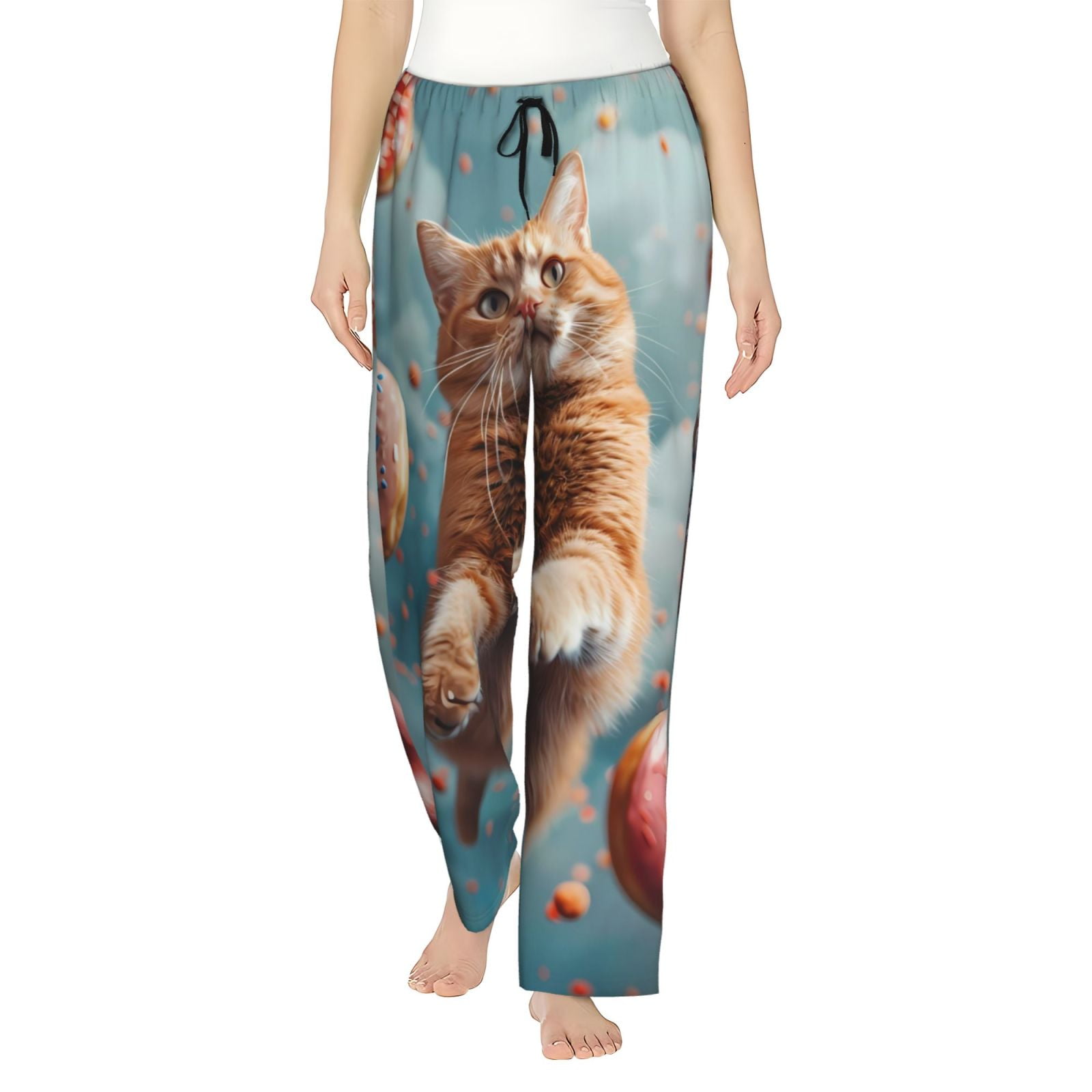 Gaeub Floating Cat And Donuts Soft Pajama Pants for Women, Wide Leg ...