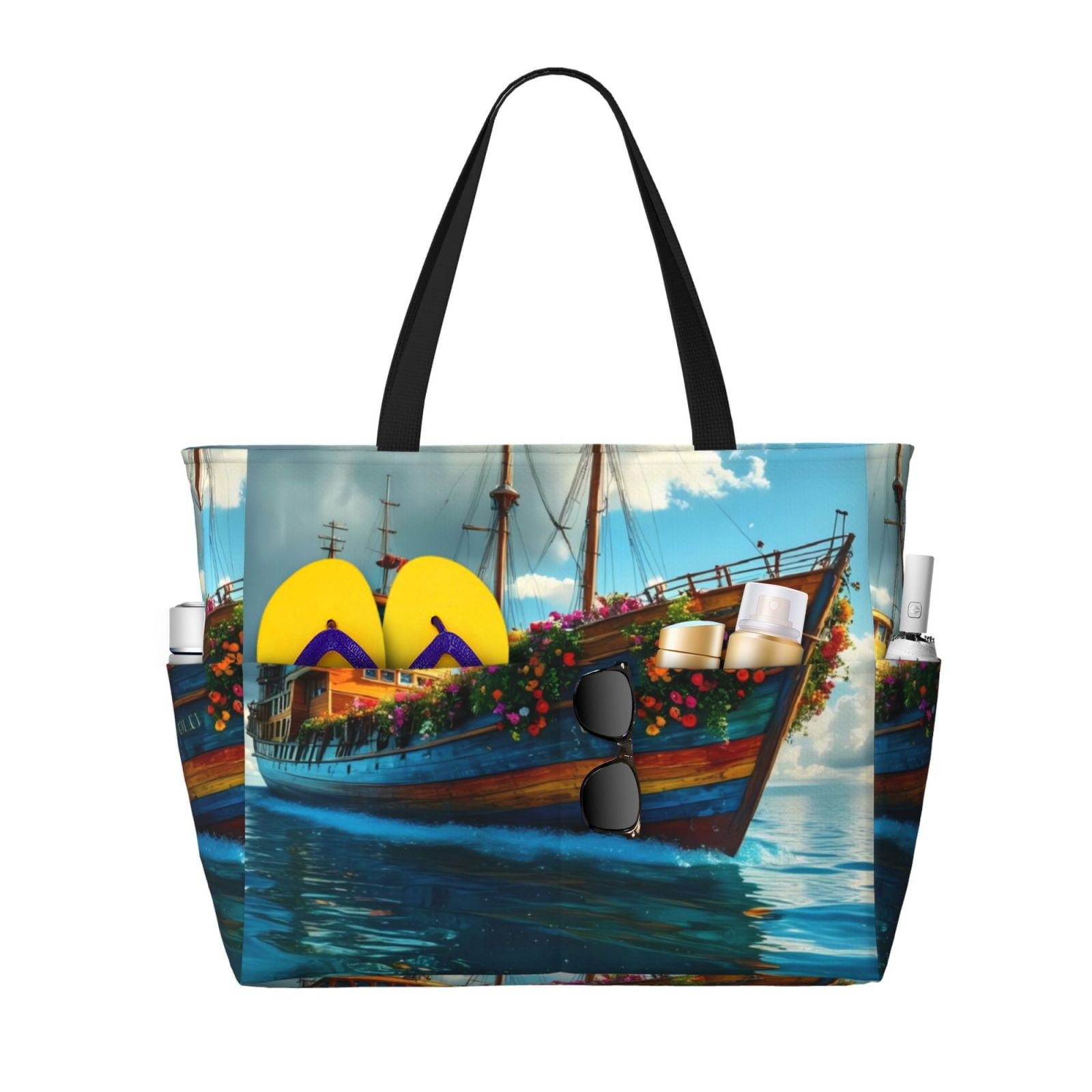 Gaeub Floral Ship On Ocean Print Beach Bag,Large Tote Bag,Waterproof ...