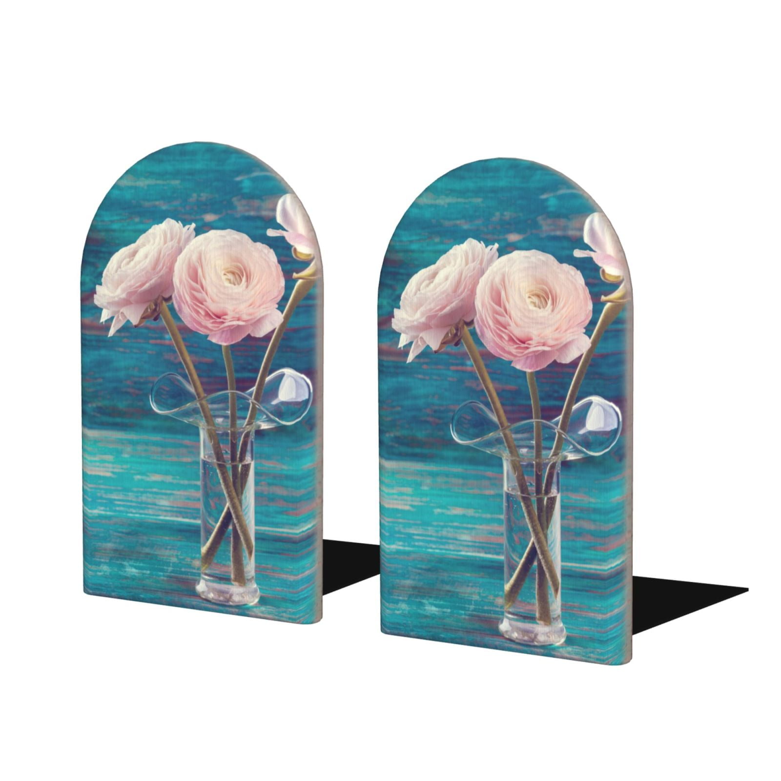 Gaeub Flowers in Glass Vase Wood Bookends, Non-Slip Bookends, Heavy ...