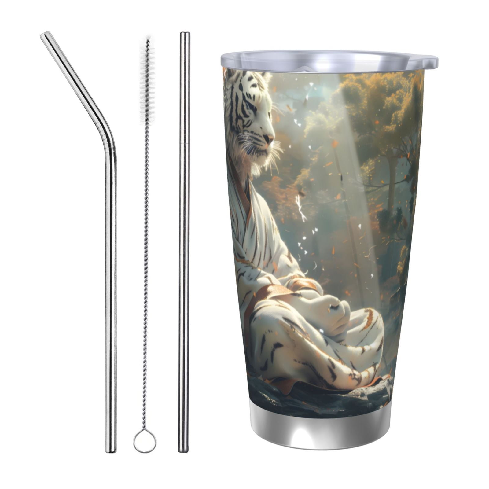Gaeub Forest Meditating White Tiger Print 20-Ounce Stainless Steel Car ...
