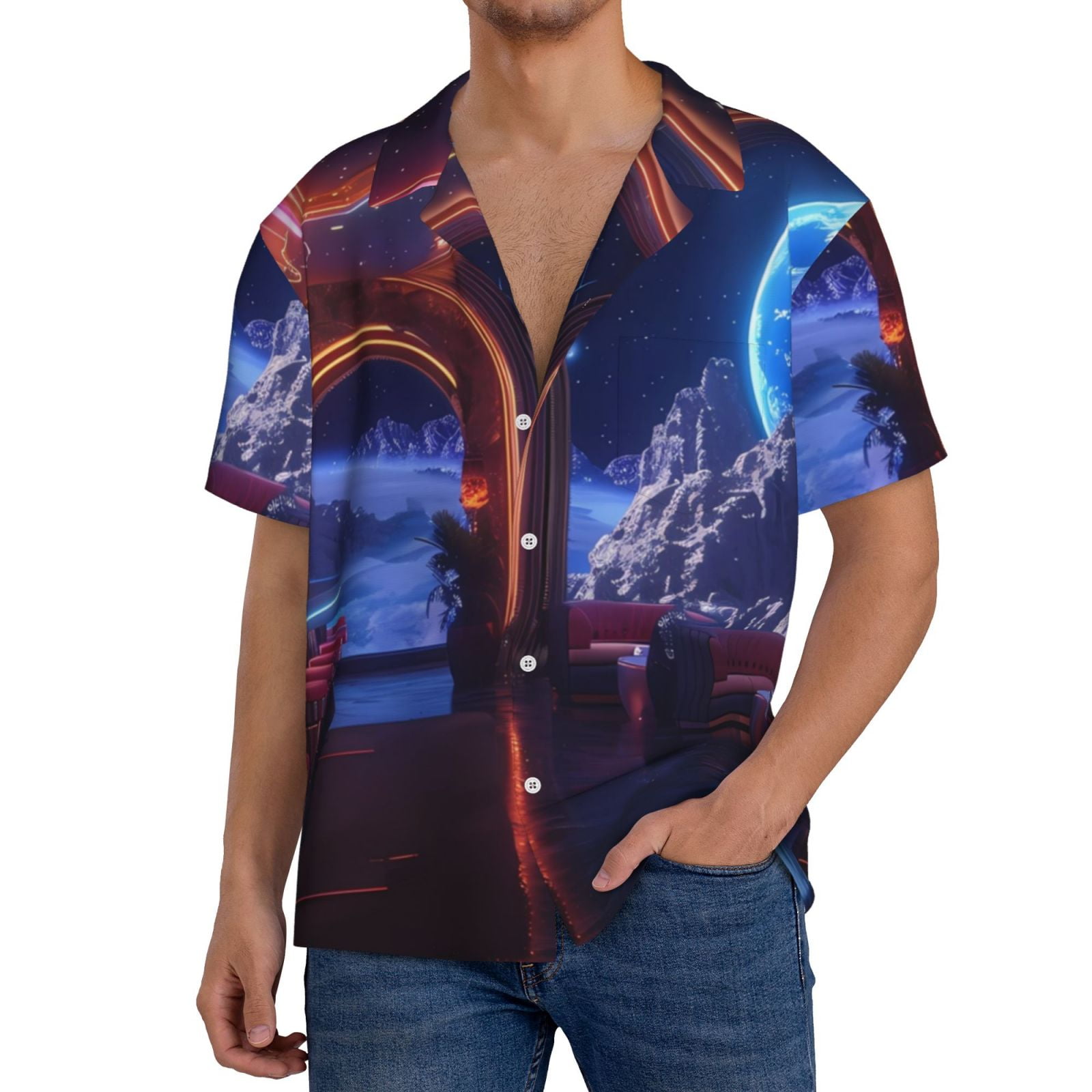 Gaeub Futuristic Bar Space View Men's Lapel Short Sleeve Shirt,Cuban ...
