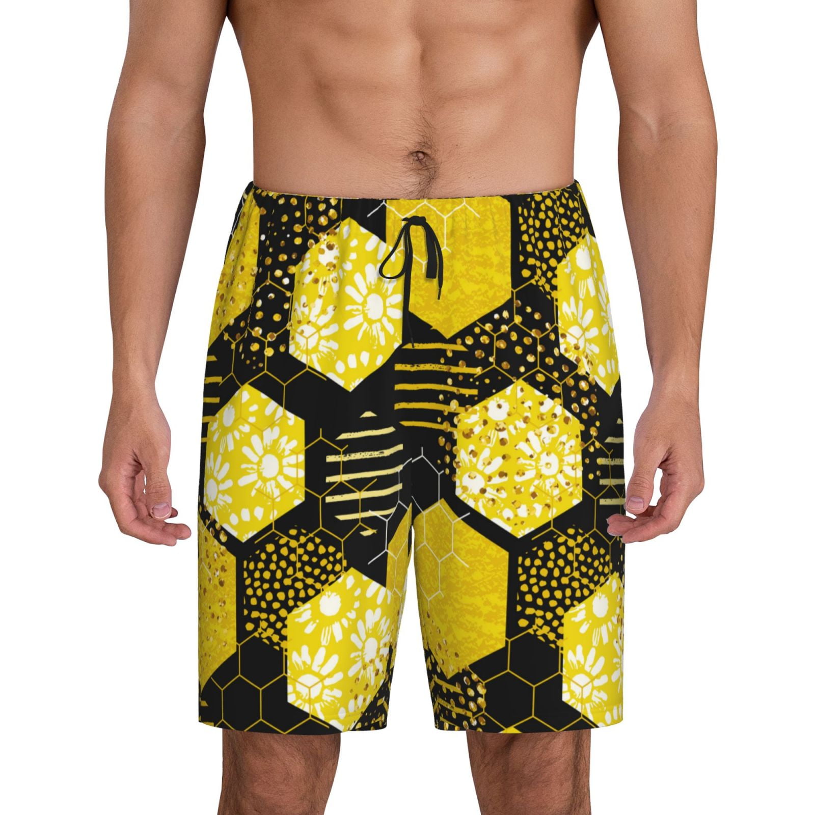 Gaeub Geometric Pattern with Bee Print Men's Pajama Shorts,Sleep Shorts ...