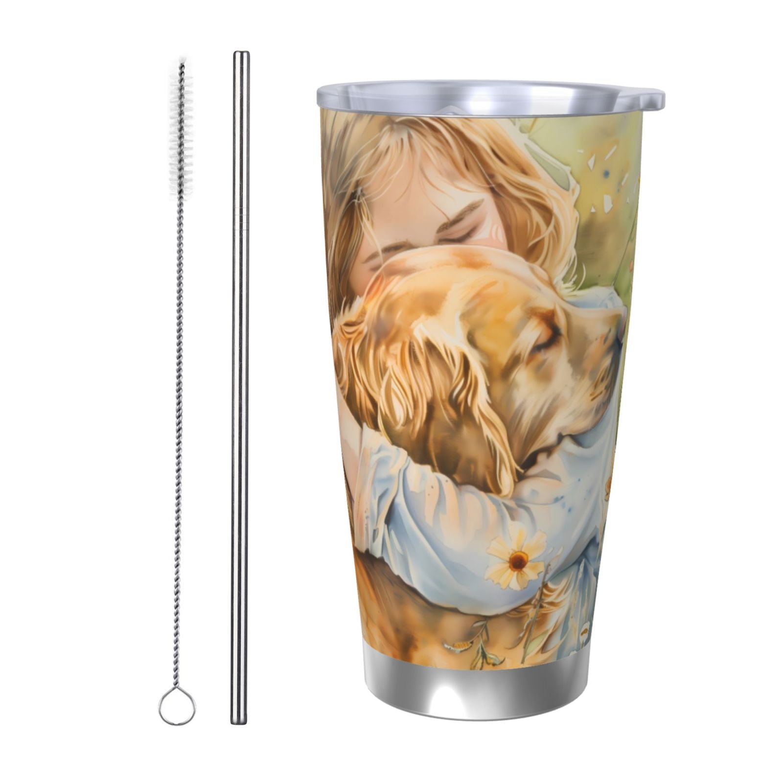 Gaeub Girl Hugging Dog Flowers Print 20-Ounce Stainless Steel Car Cup ...