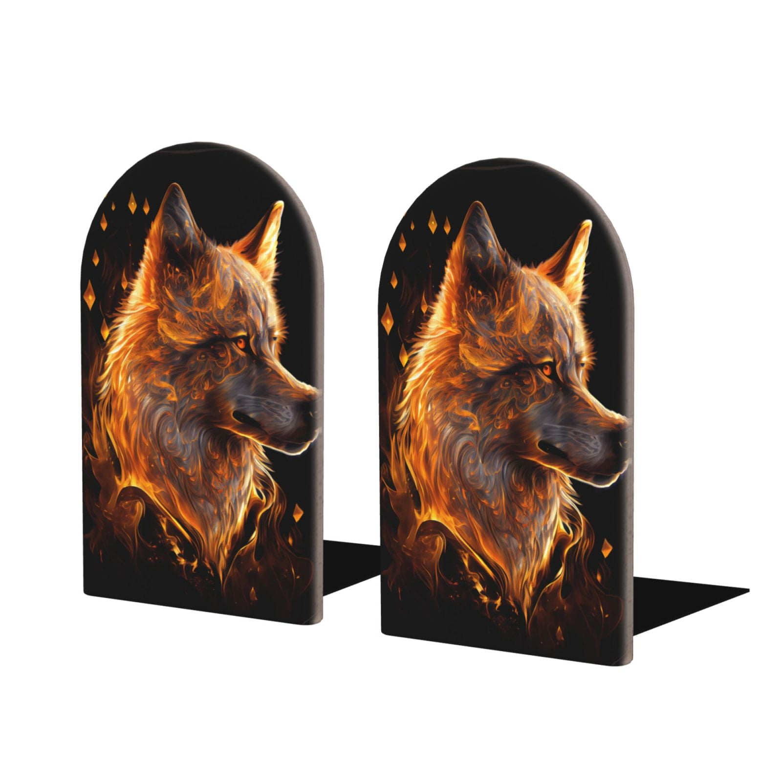 Gaeub Gold Flame Pattern Wolf Wood Bookends, Non-Slip Bookends, Heavy ...
