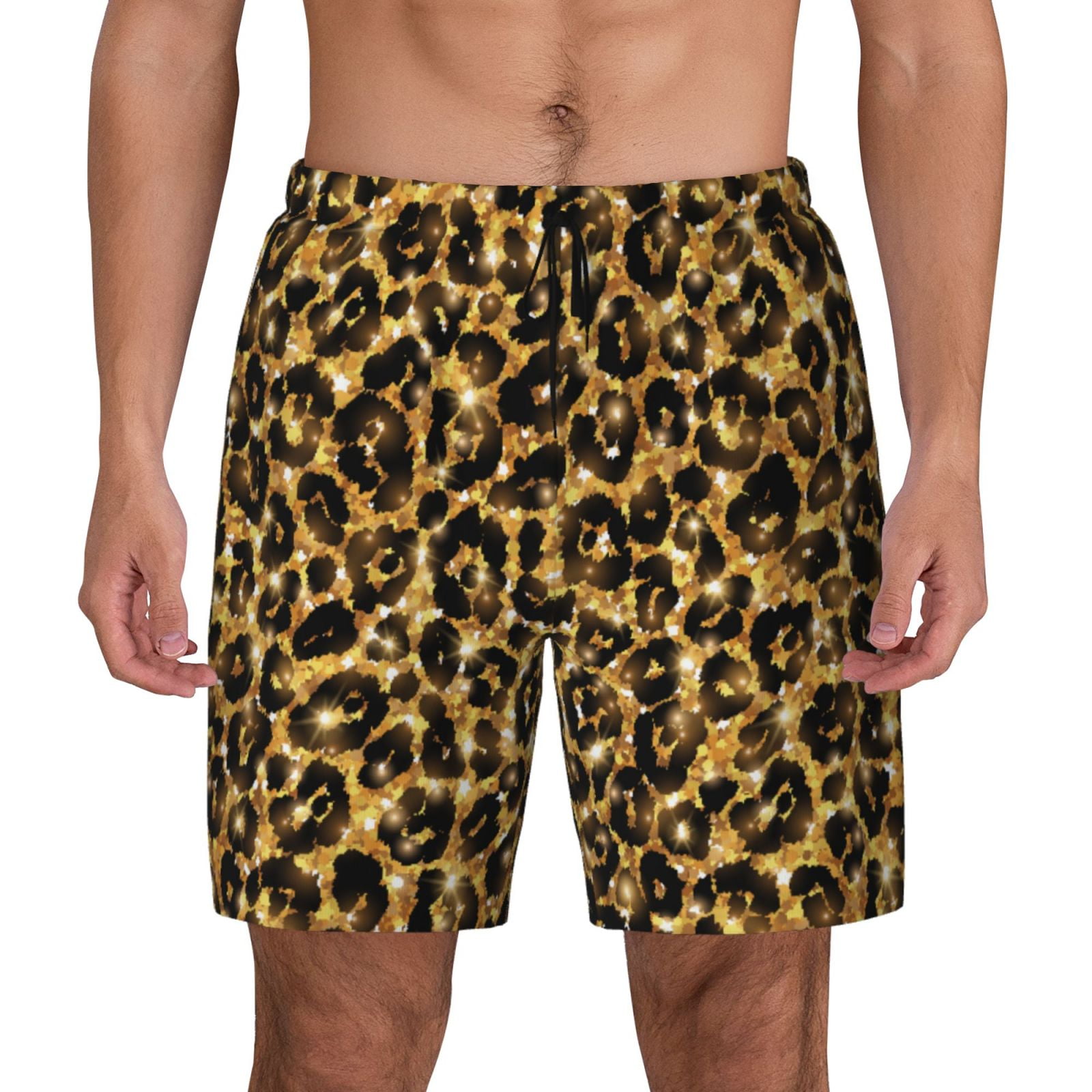 Gaeub Gold Glitter Leopard Mens Swim Trunks Stretch Beach Shorts Quick ...