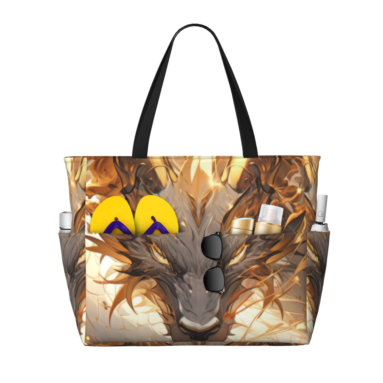Gaeub Golden Horned White Dragon Print Beach Bag,Large Tote Bag,Waterproof Sandproof Women Tote ...