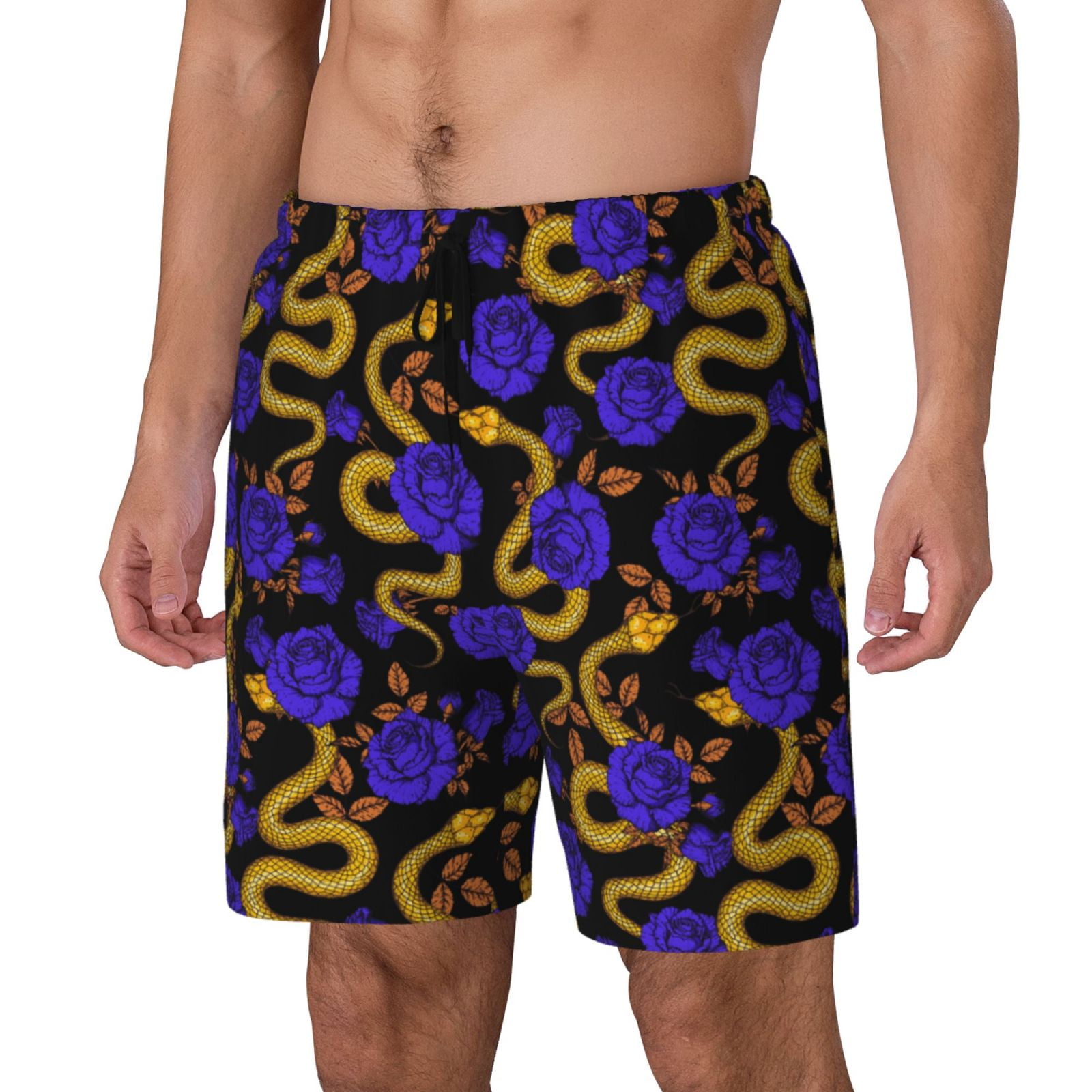Gaeub Golden Snake And Purple Rose Print Mens Swim Trunks with ...