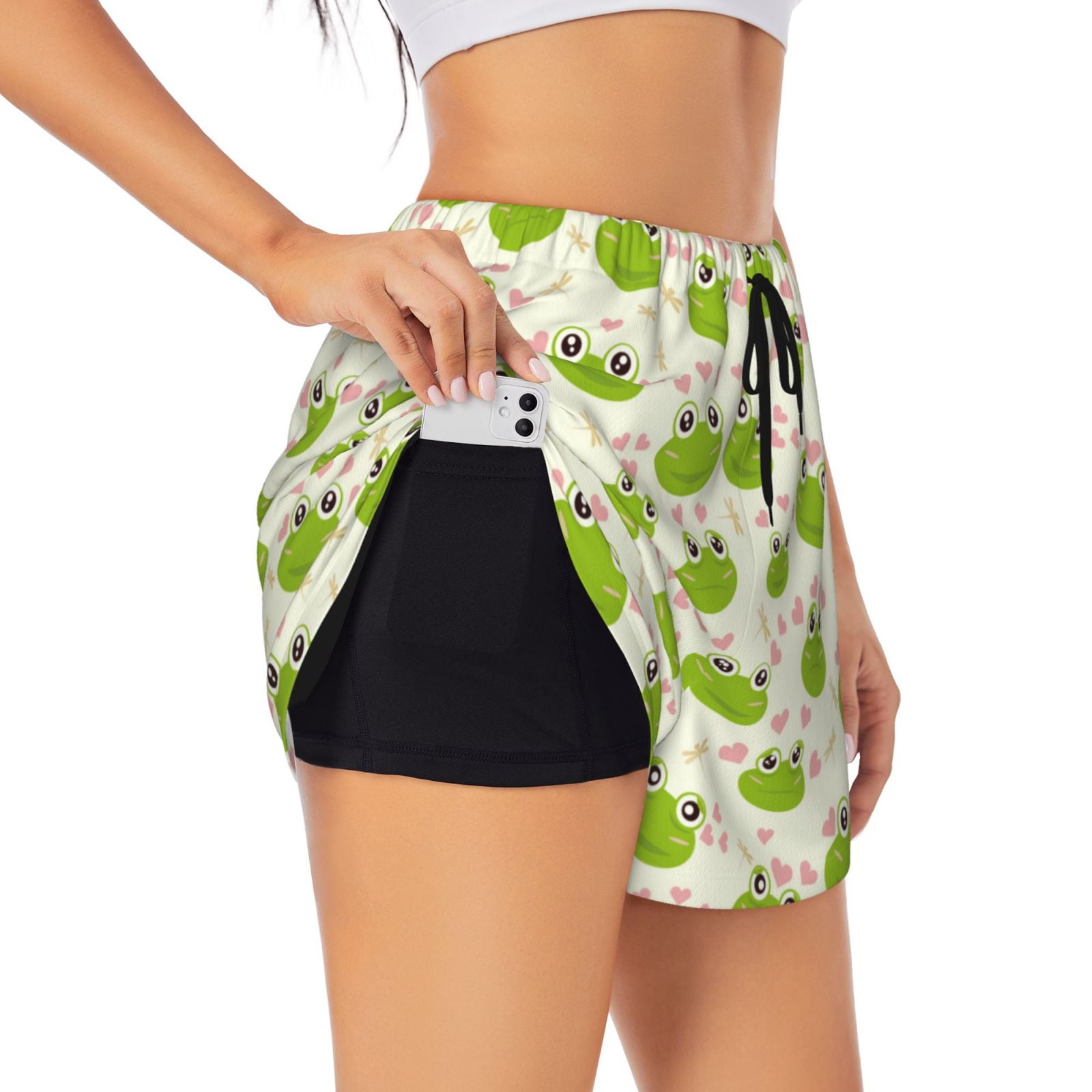 Gaeub Green Frog Print Women's Athletic Shorts,High Waisted Running ...