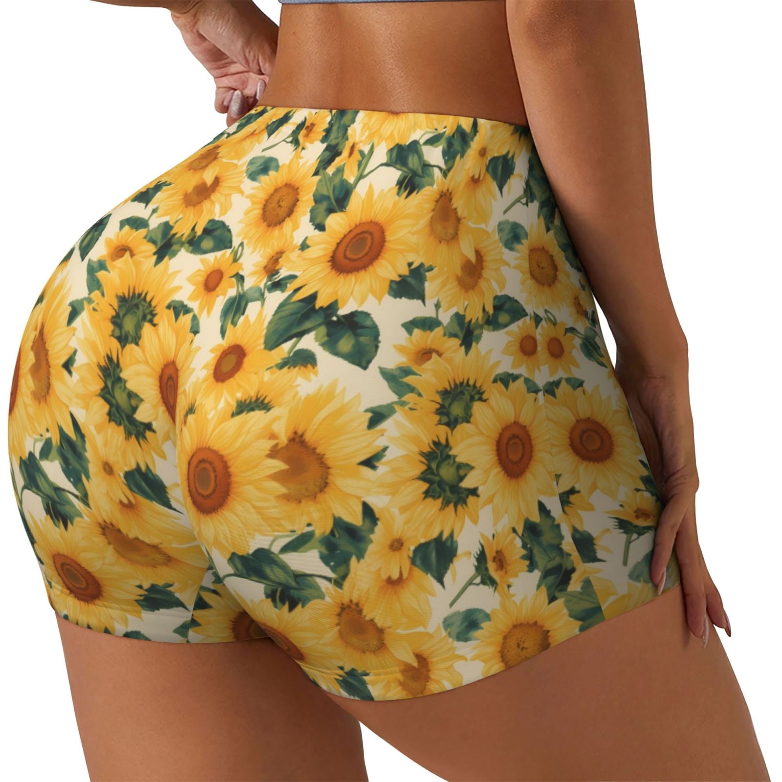 Gaeub Green Leaf Sunflower Print Workout Shorts for Women,Seamless ...