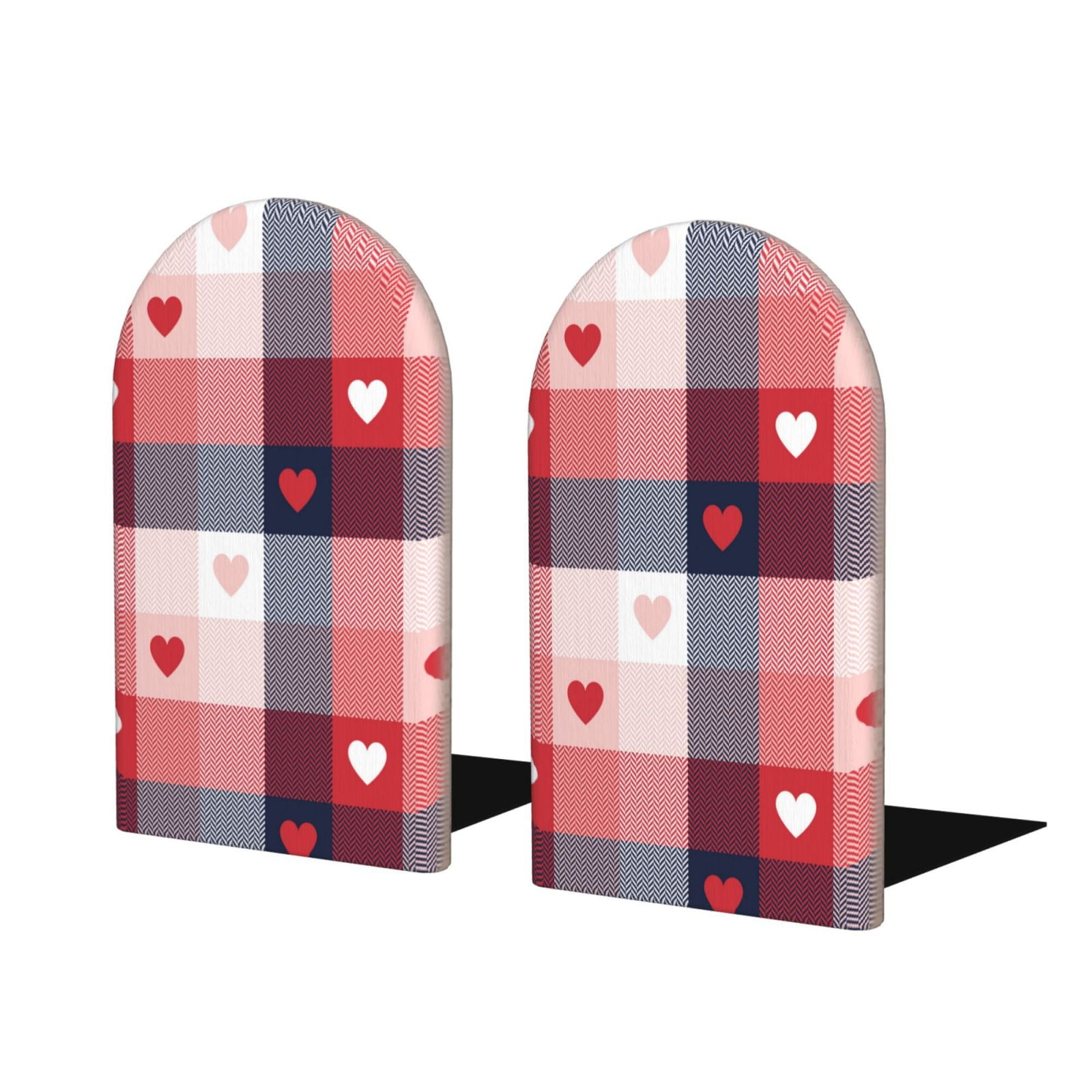 Gaeub Heart Plaid Wood Bookends, Non-Slip Bookends, Heavy Duty Wooden ...
