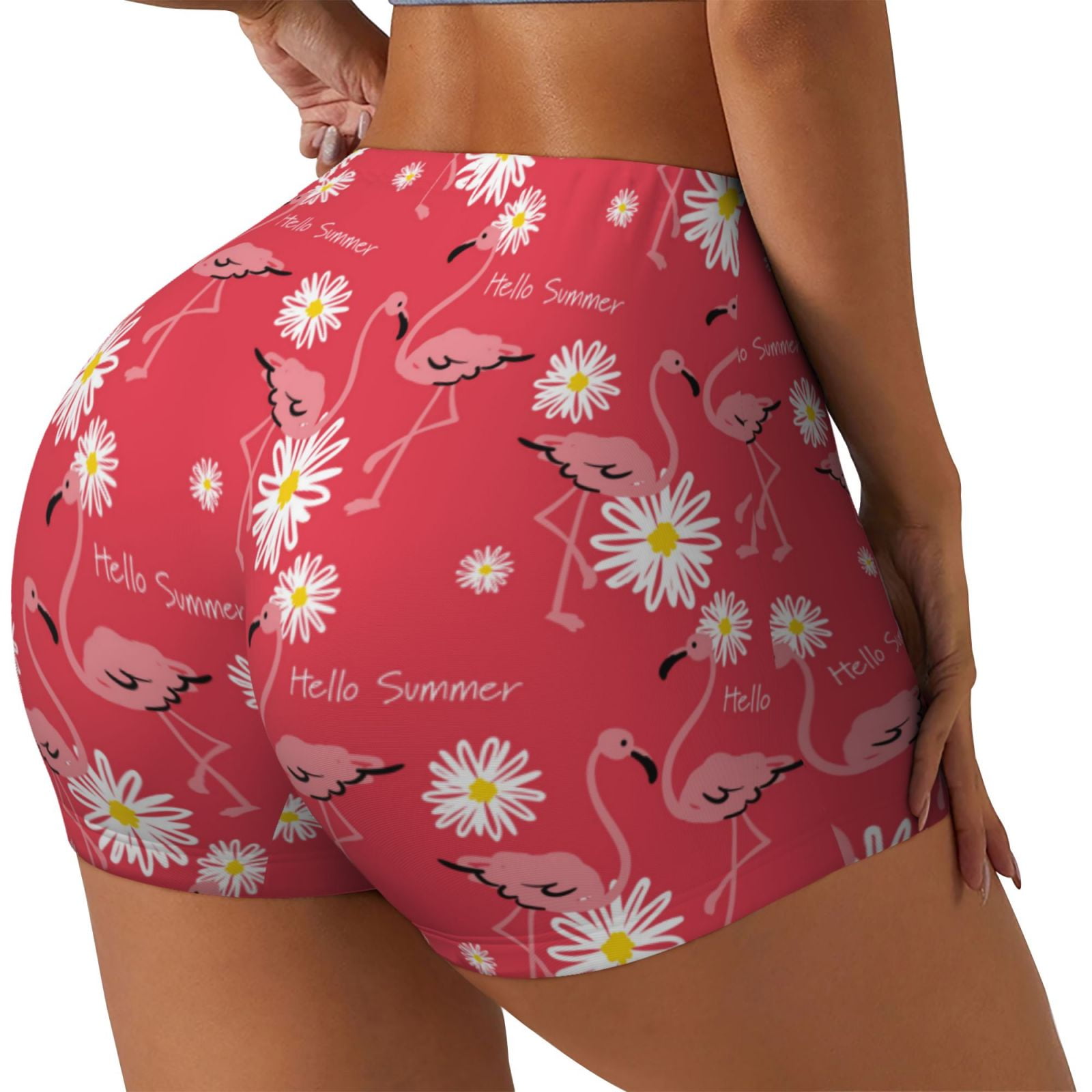 Gaeub Hello Summer Flamingo Print Workout Shorts for Women,Seamless Scrunch Short,Gym Yoga ...