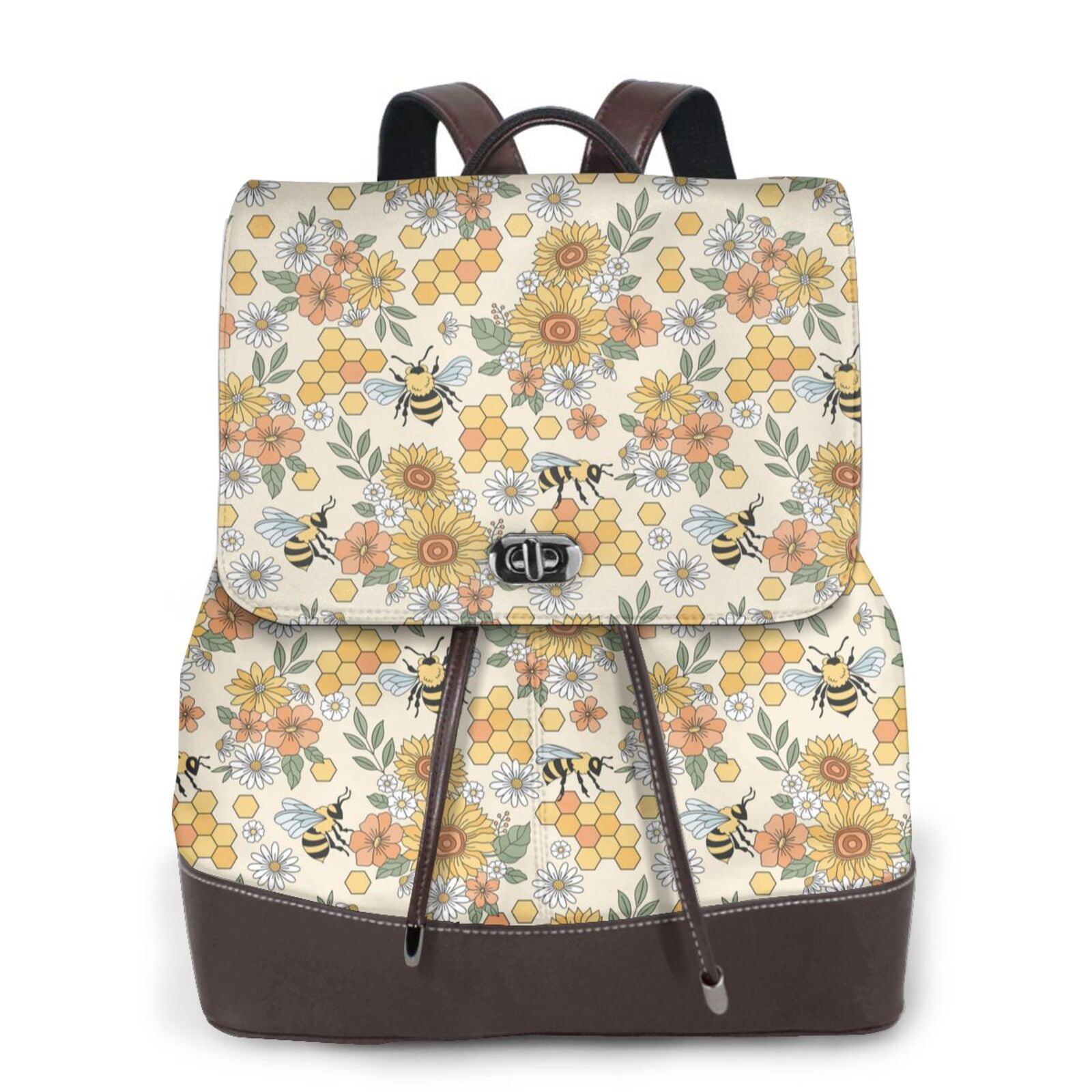 Gaeub Hippie Bee Honeycomb Print Women's Leather Backpack,Travel Laptop ...