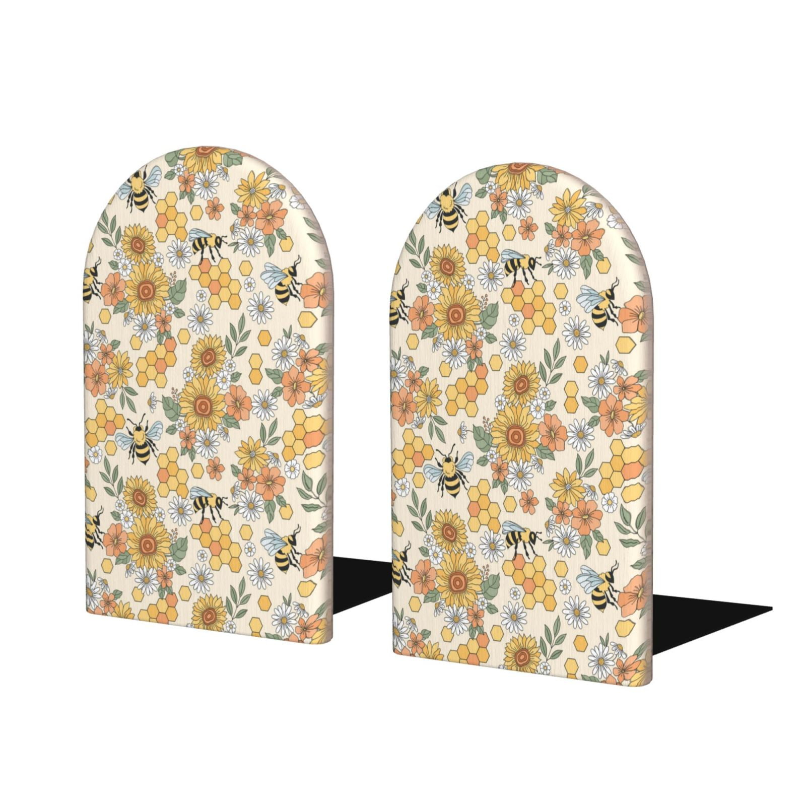 Gaeub Hippie Bee Honeycomb Wood Bookends, Non-Slip Bookends, Heavy Duty ...