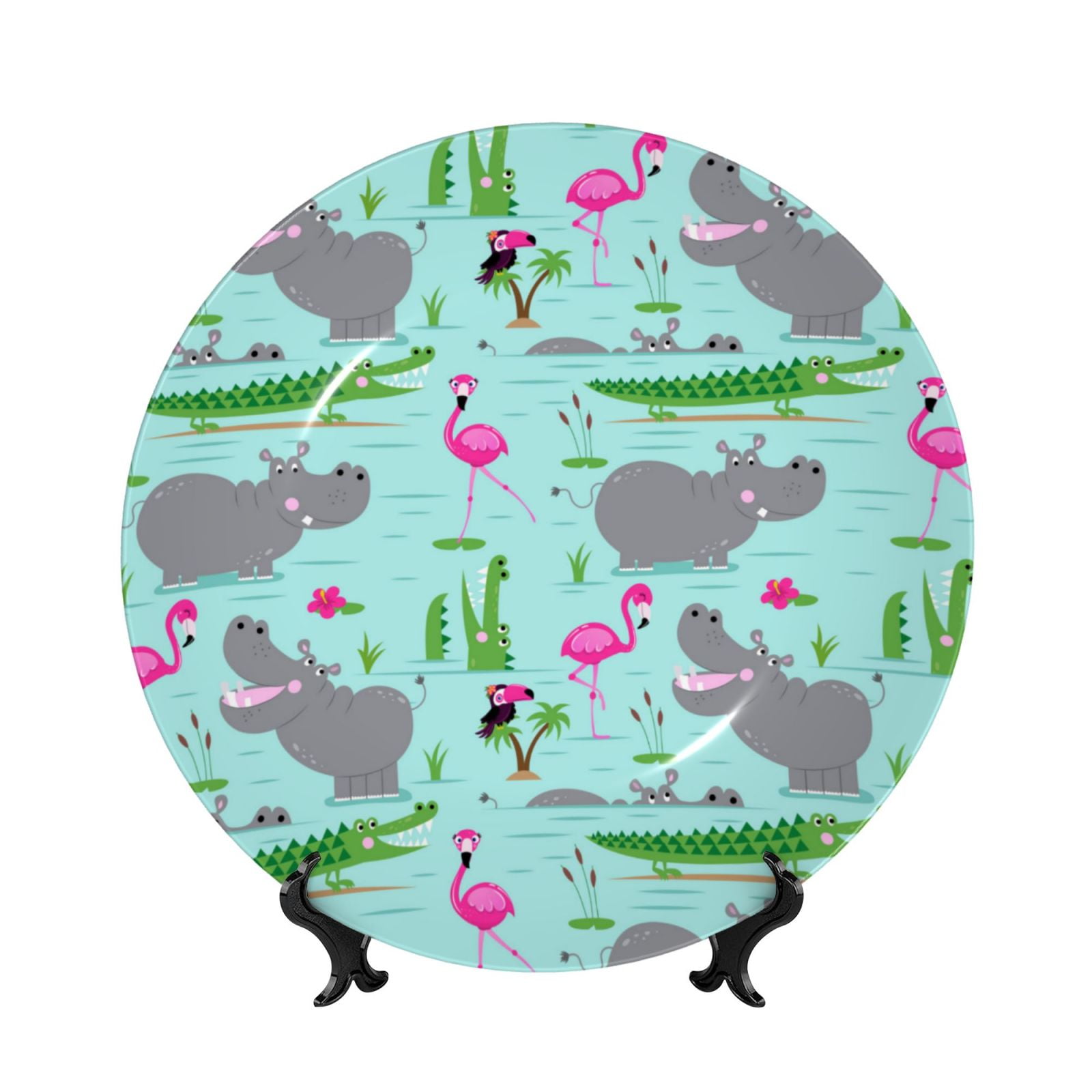 Gaeub Hippo With Flamingos And Crocodiles Print Ceramic Plate,Dinner ...