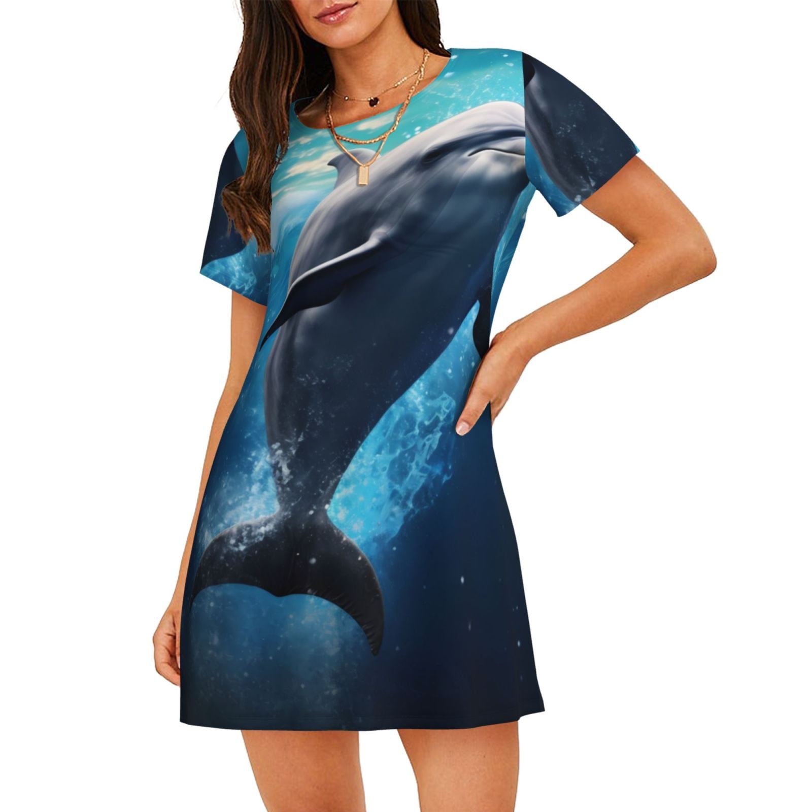 Gaeub Ice Blue Ocean Cute Dolphin Print Women's Short-Sleeved ...