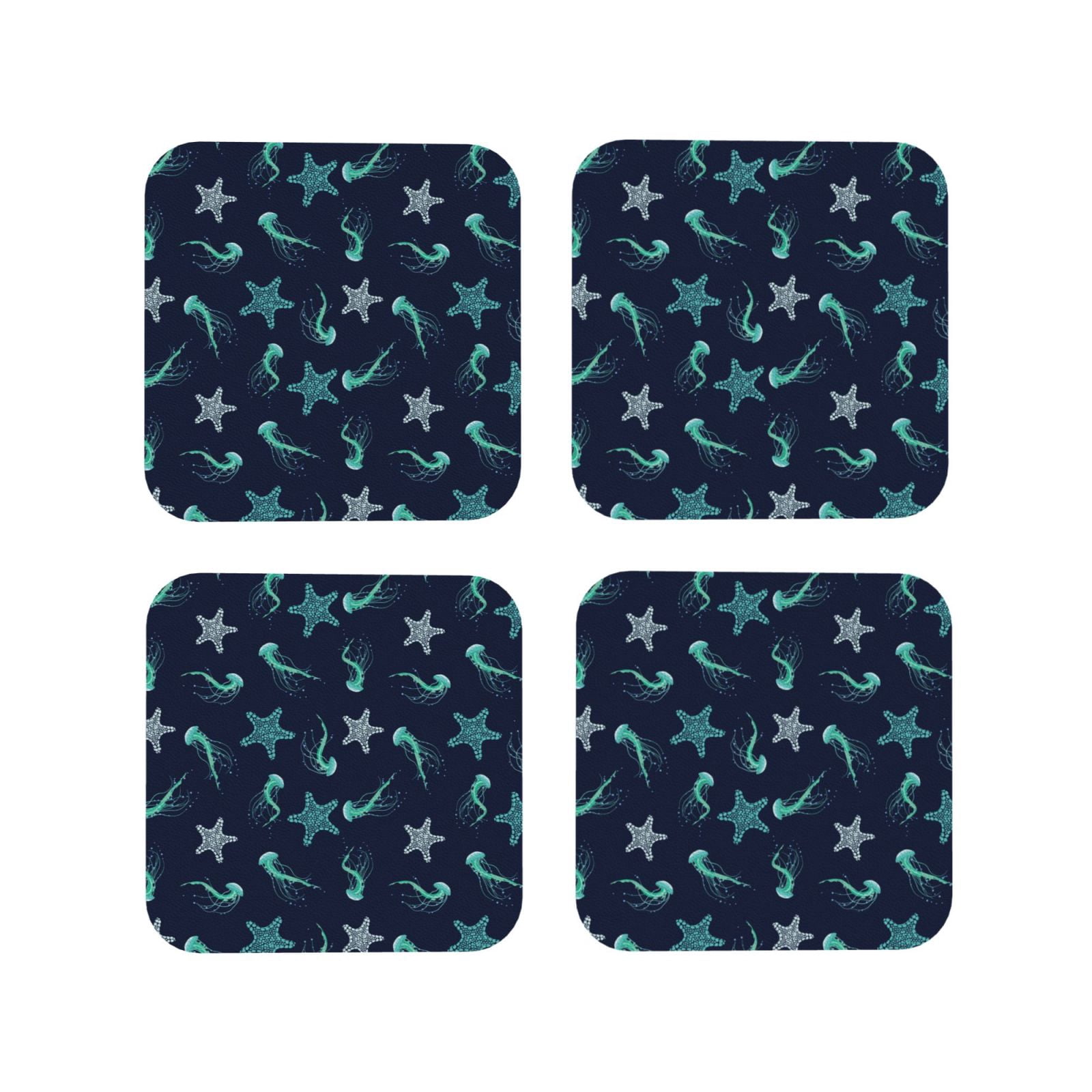 Gaeub Ice Blue Starfish and Jellyfish Print 4 Pcs Leather Coasters for ...
