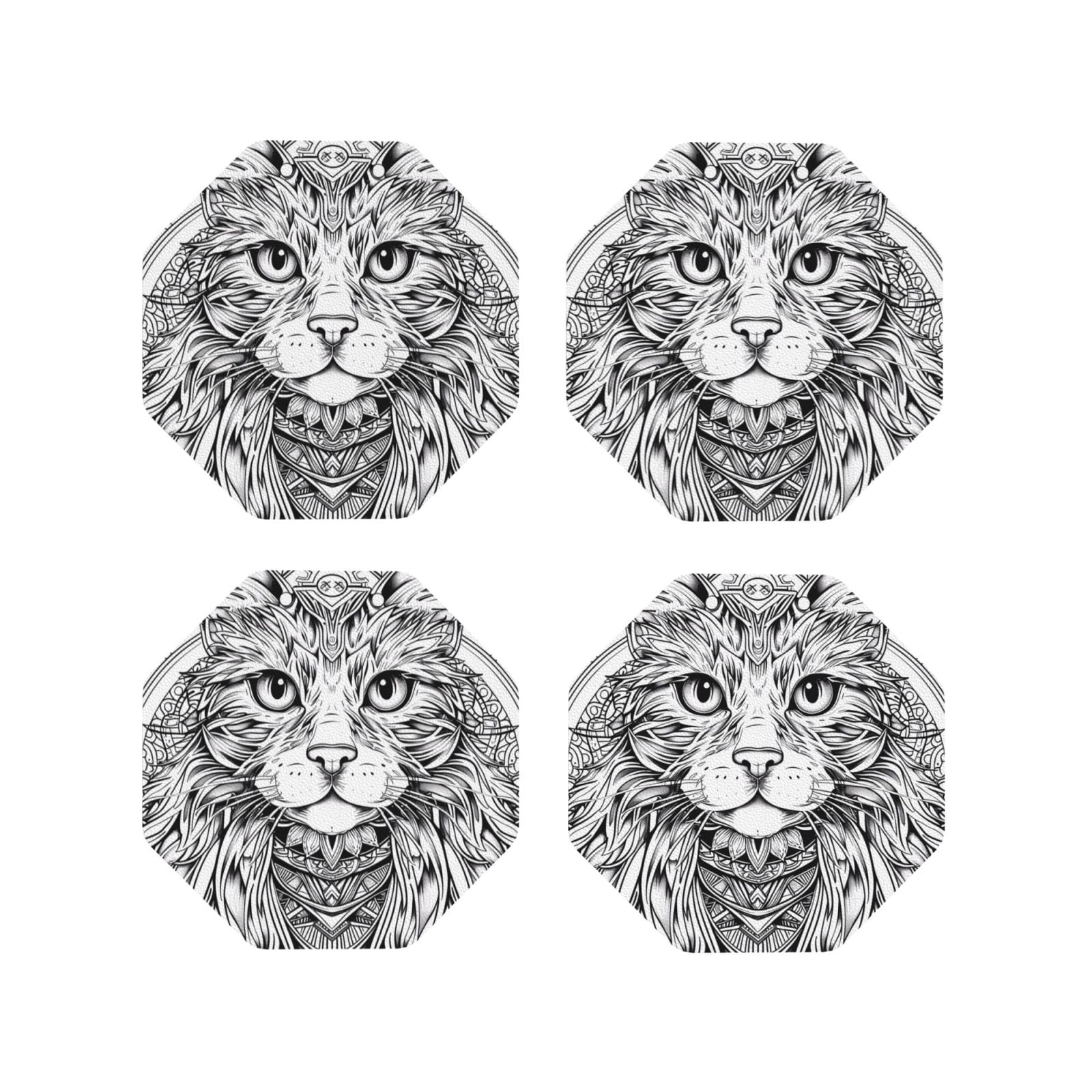 Gaeub Intricate Cat Mandala Print 4 Pcs Leather Coasters for Drinks ...
