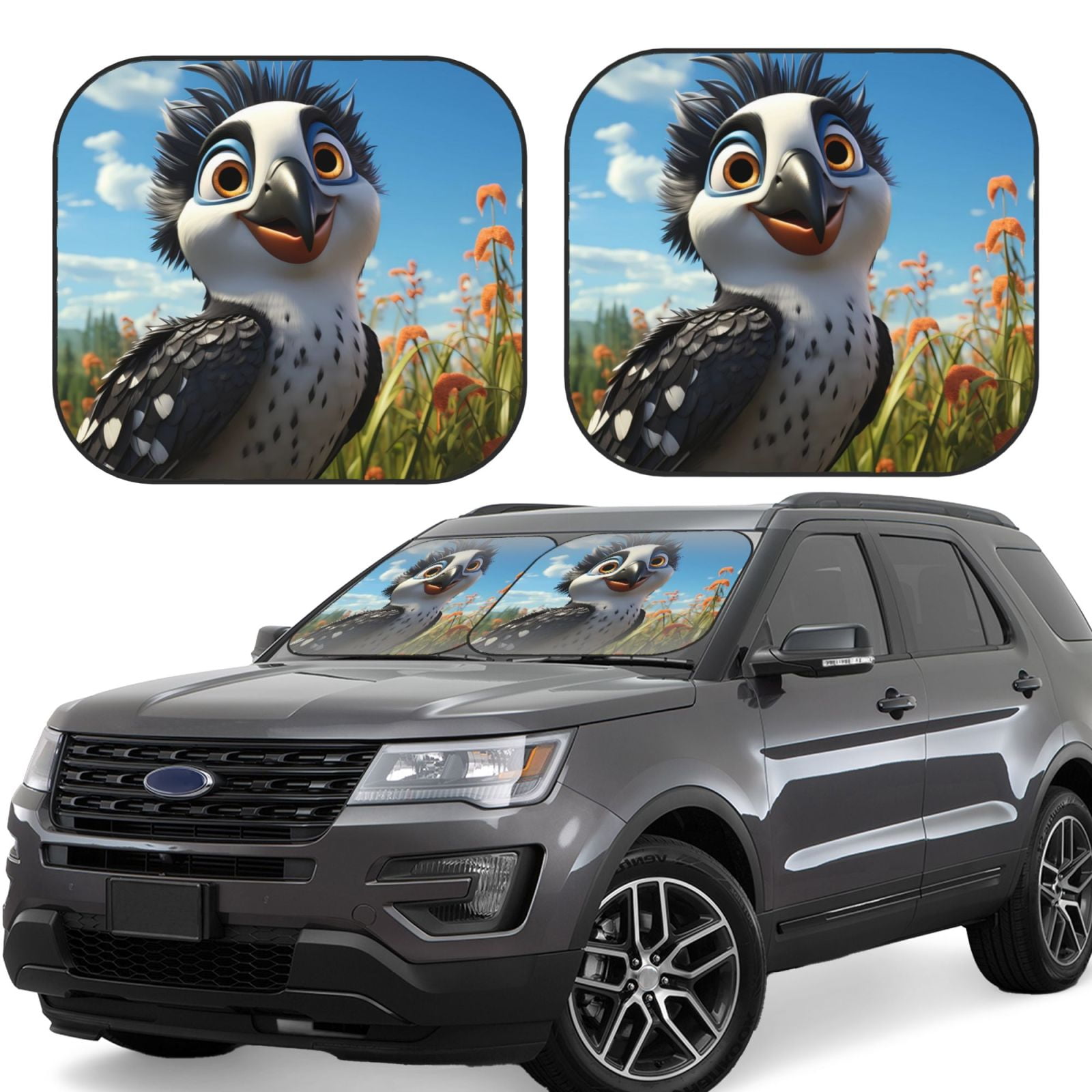 Gaeub Joyful Animated Bird Print 2-Piece Windshield Sun Shade,Foldable ...