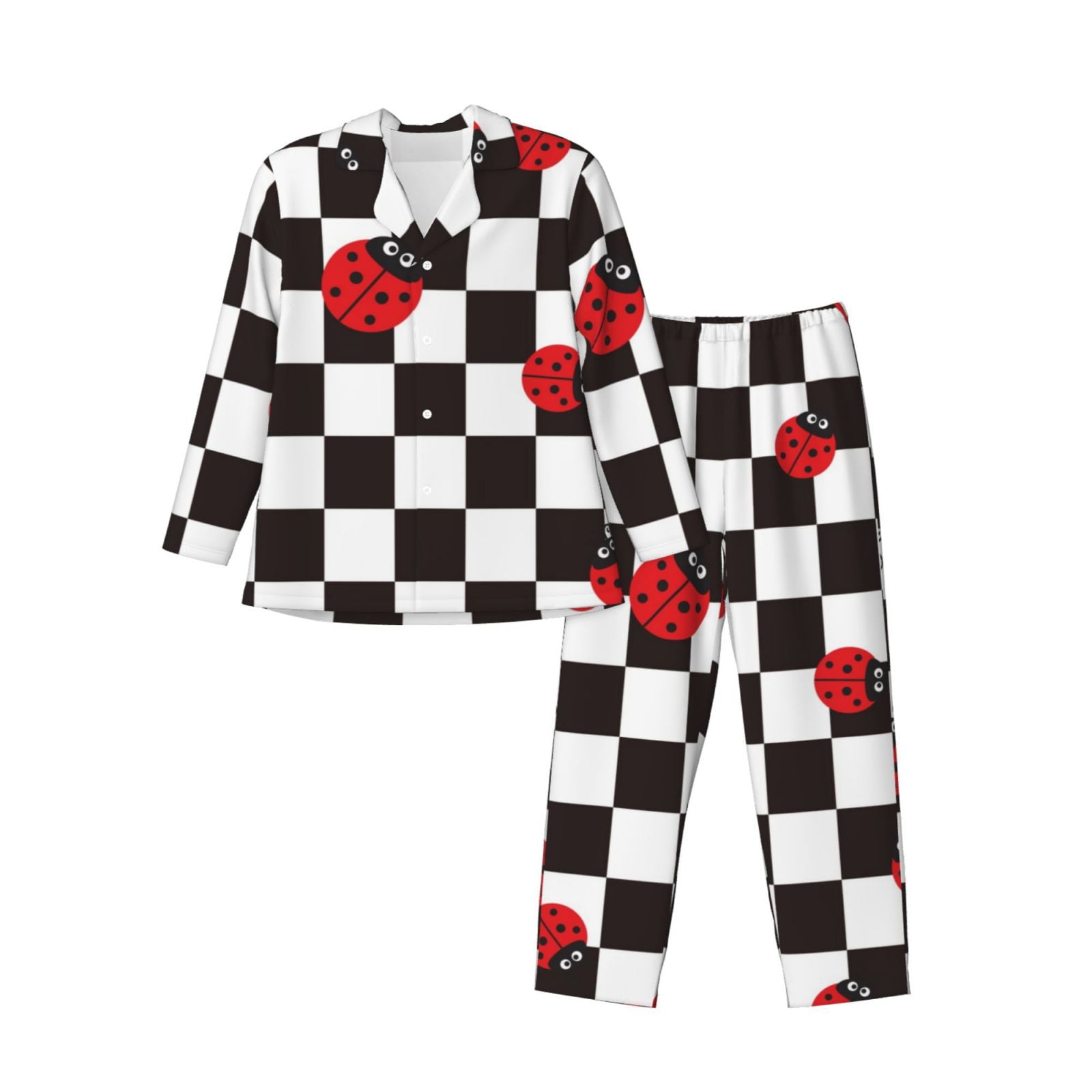 Gaeub Ladybugs Of Black And White Checkers Print Mens Pajama Set, Long ...