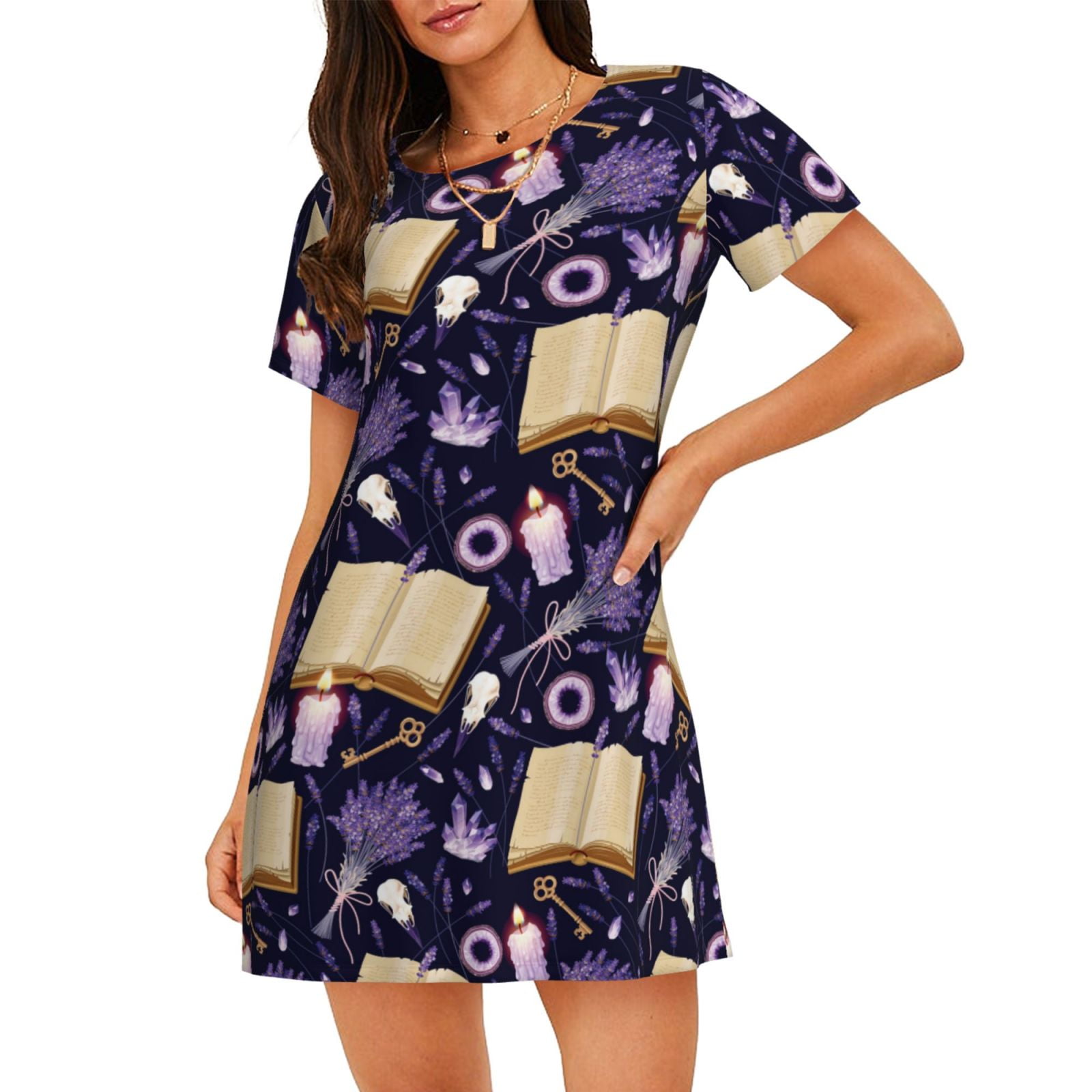 Gaeub Lavender Flowers Print Women's Short-Sleeved Nightdress,Loose ...