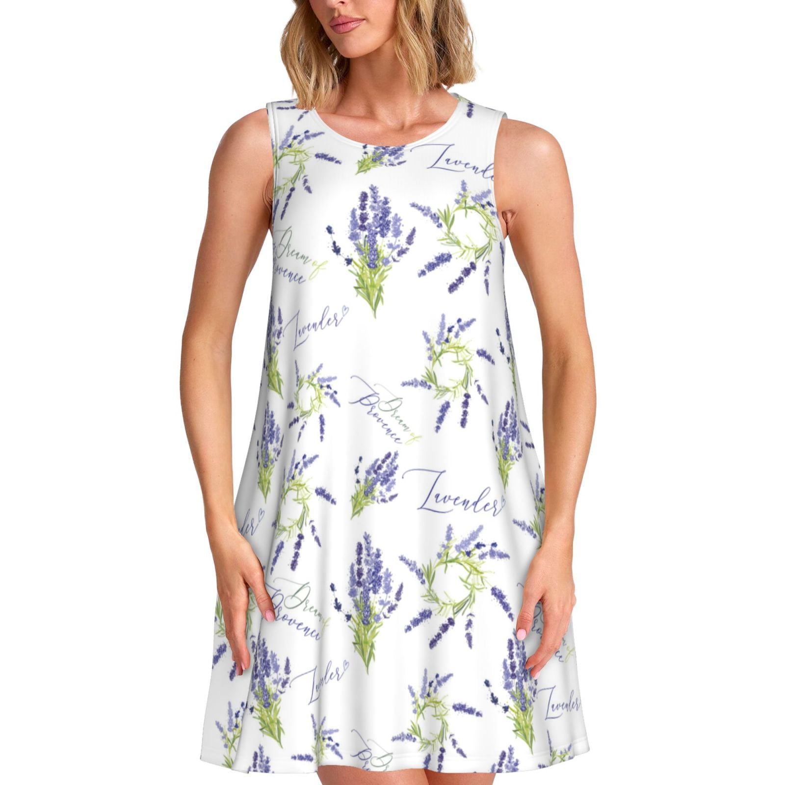 Gaeub Lavender Flowers Print Women's Sleeveless Dresses,Beach Casual ...