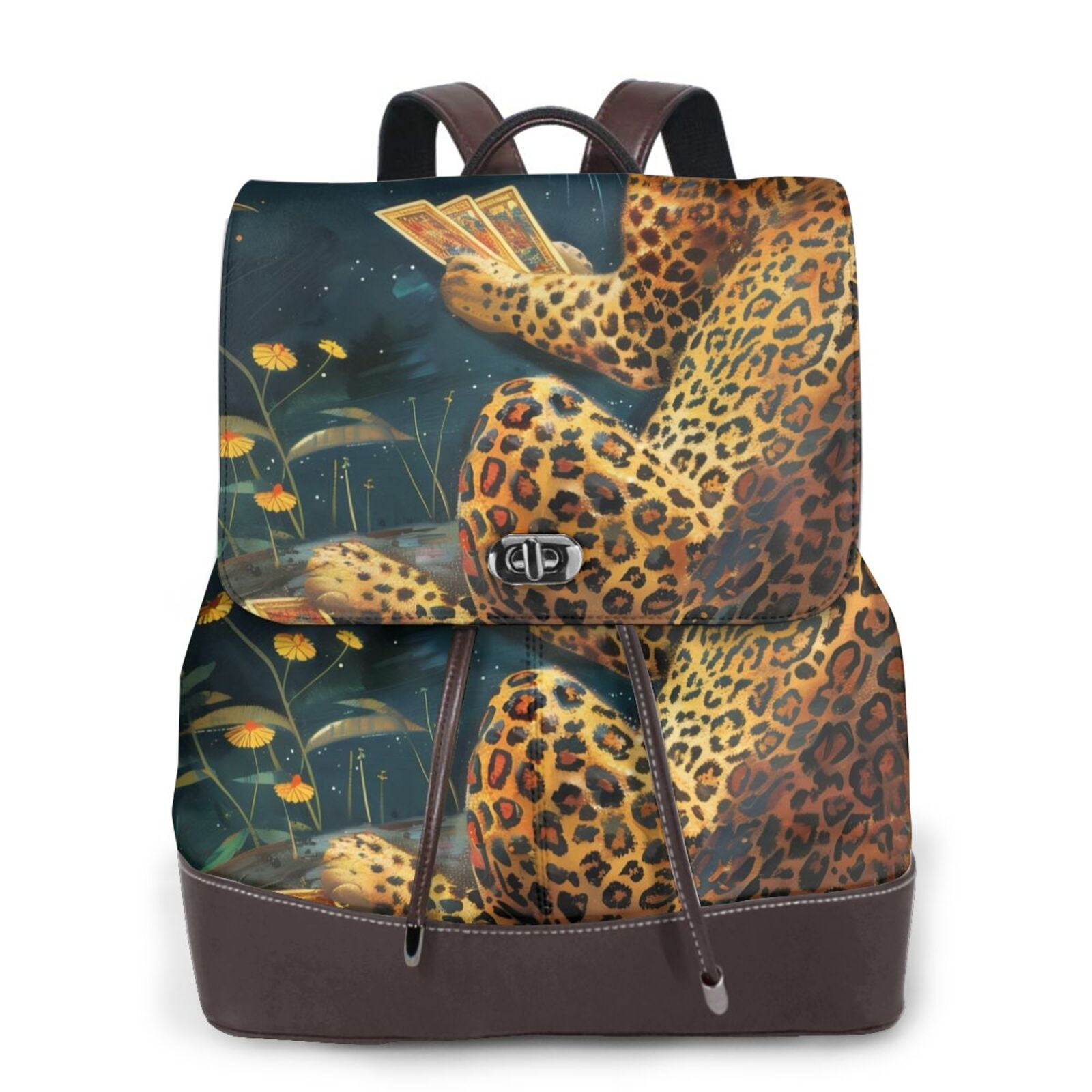 Gaeub Leopard Reading Tarot Cards Print Women's Leather Backpack,Travel ...