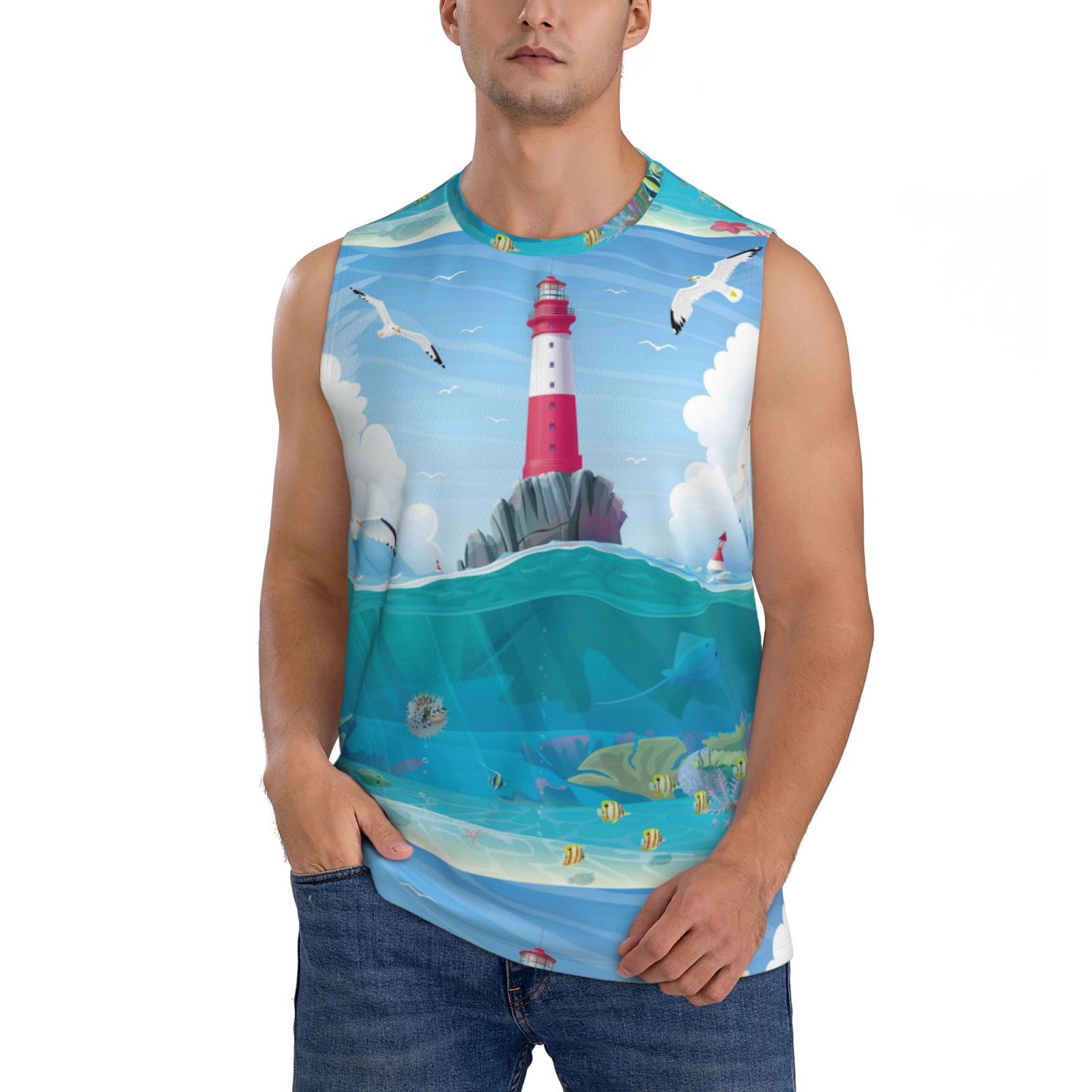 Gaeub Lighthouse Sea Port Men's Sleeveless Muscle Shirts Workout Tank ...