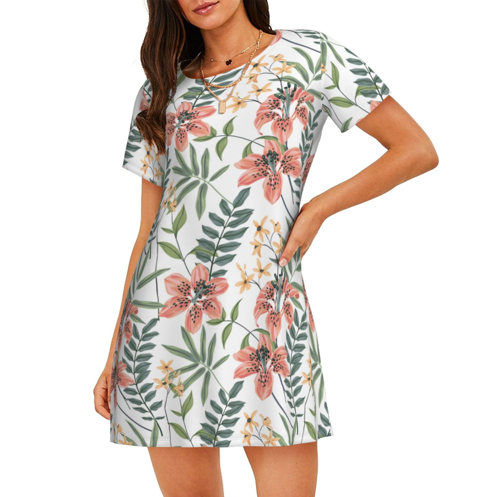 Gaeub Lilies Flowers Print Womens Short Sleeved Nightdress Loose Comfy