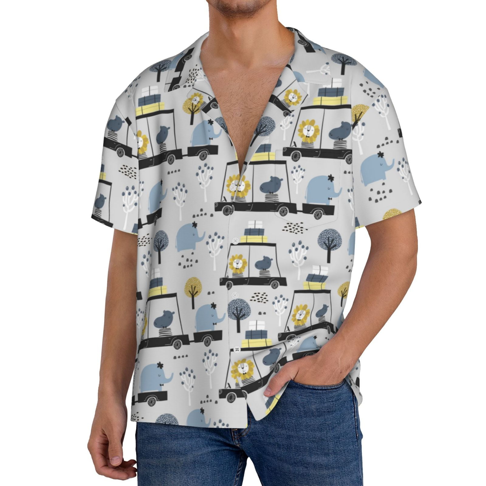 Gaeub Lion Hippo Elephant On The Car Men's Lapel Short Sleeve Shirt ...