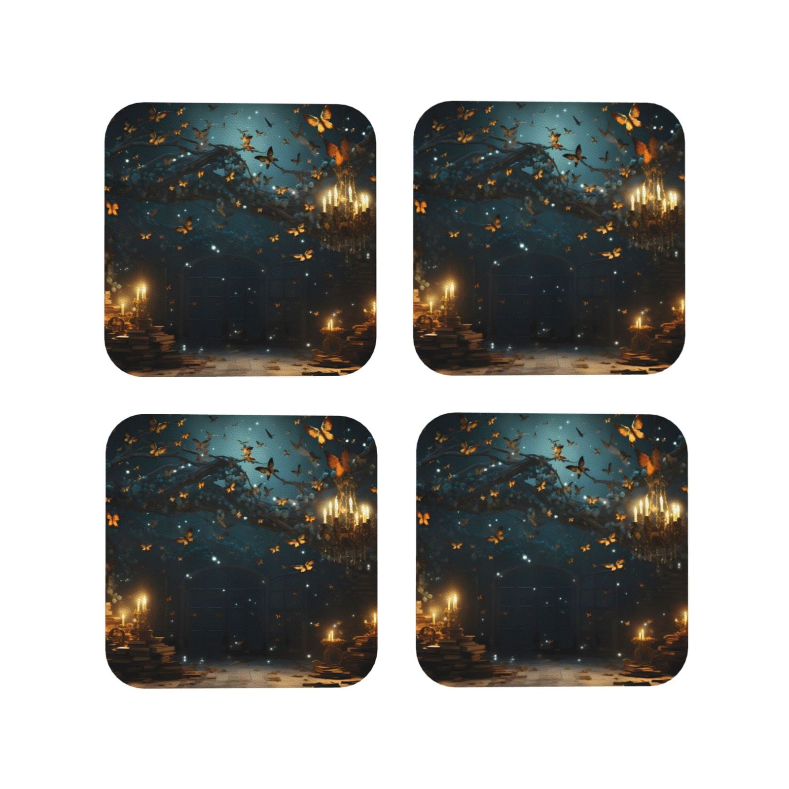 Gaeub Magical Library Butterfly Night Print 4 Pcs Leather Coasters for ...