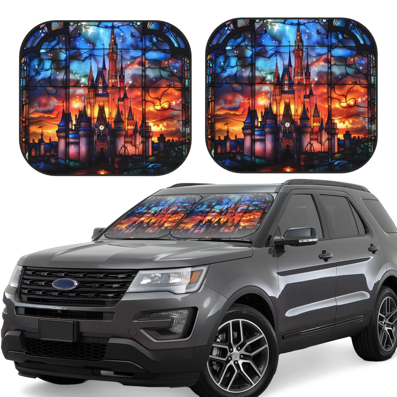 Gaeub Magical Stained Glass Castle Print 2-Piece Windshield Sun Shade ...