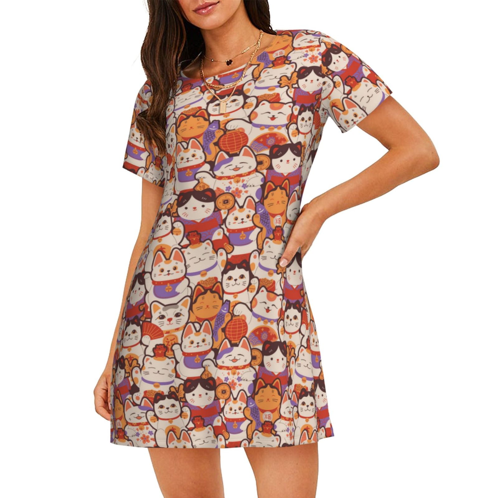 Gaeub Maneki-Neko Cats Print Women's Short-Sleeved Nightdress,Loose Comfy Pajama Sleepwear ...