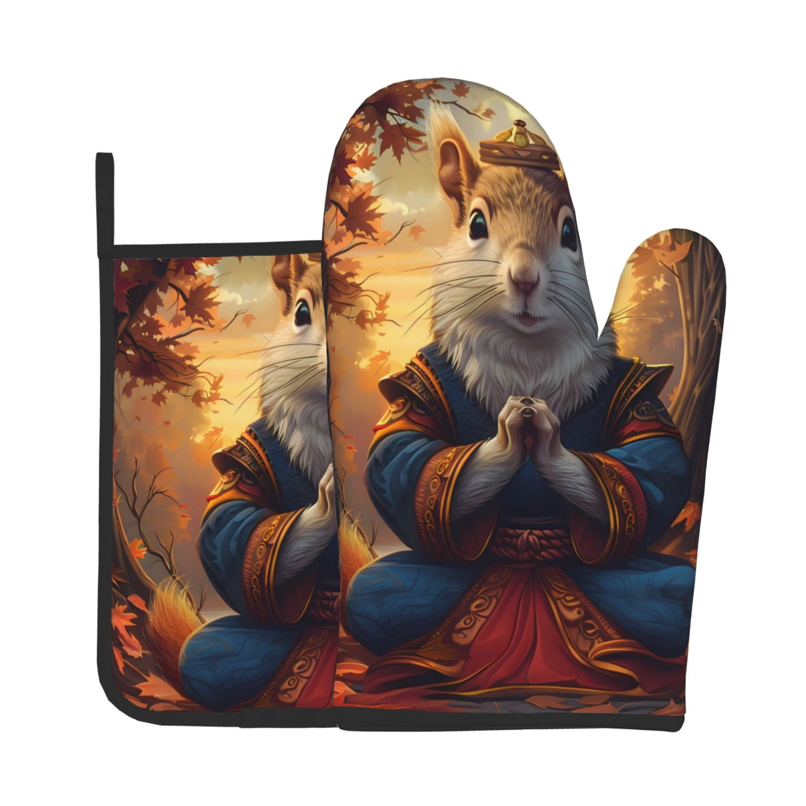 Gaeub Maple Leaf Meditating Squirrel Print Oven Mitts and Pot Holders ...