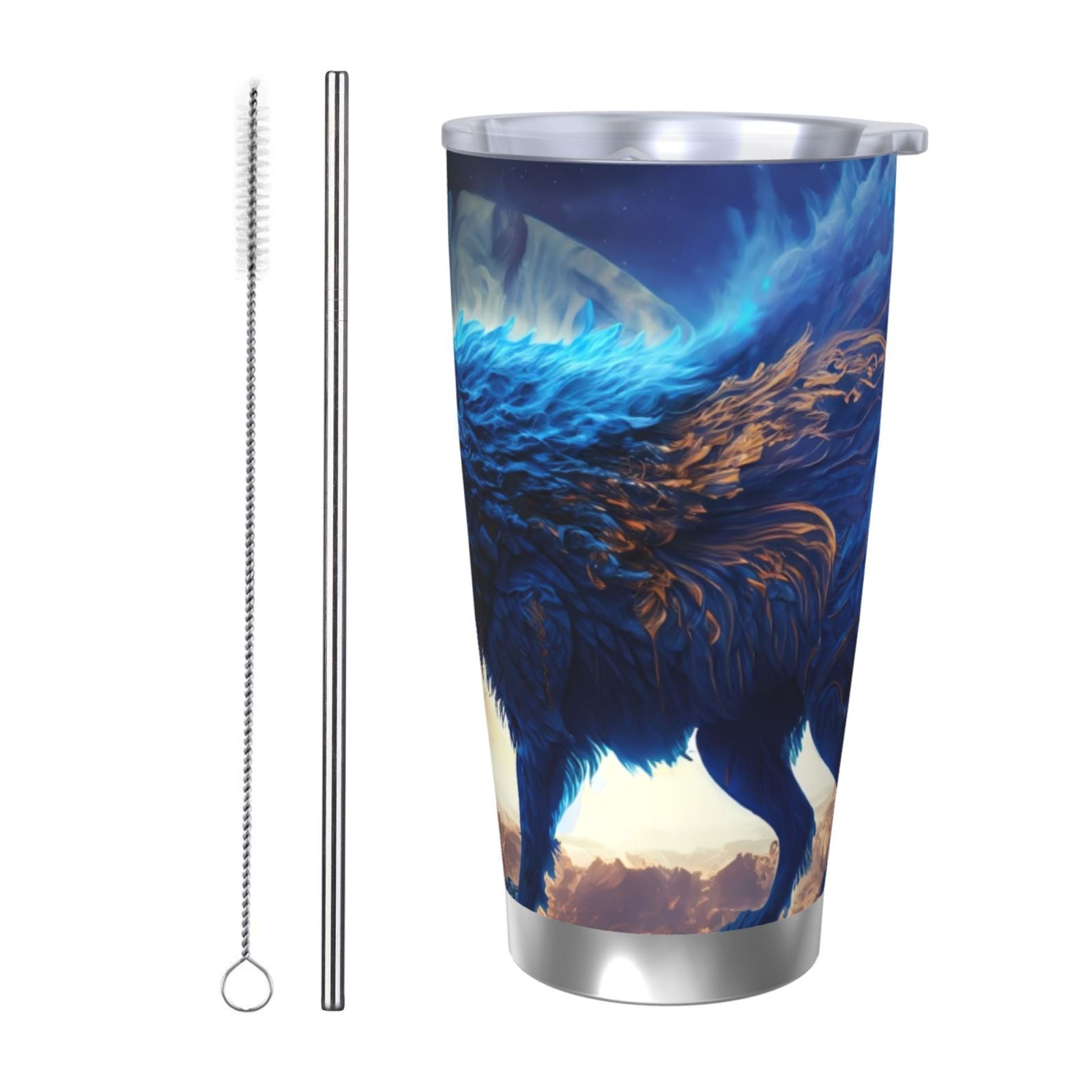 Gaeub Moonlit Blue Wolf Print 20-Ounce Stainless Steel Car Cup,Tumblers ...