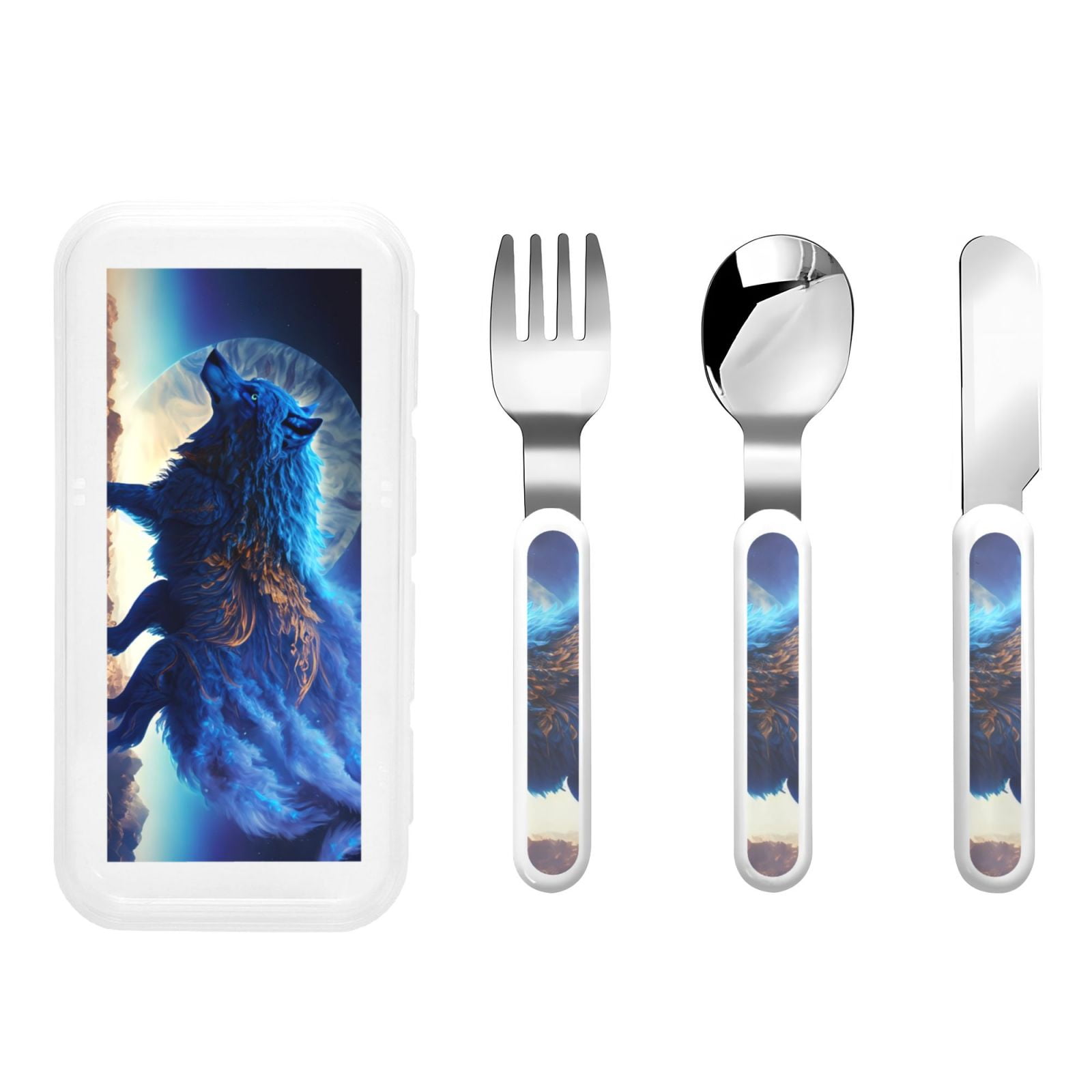 Gaeub Moonlit Blue Wolf Print 3-Piece Children Knife Spoon Fork Set ...