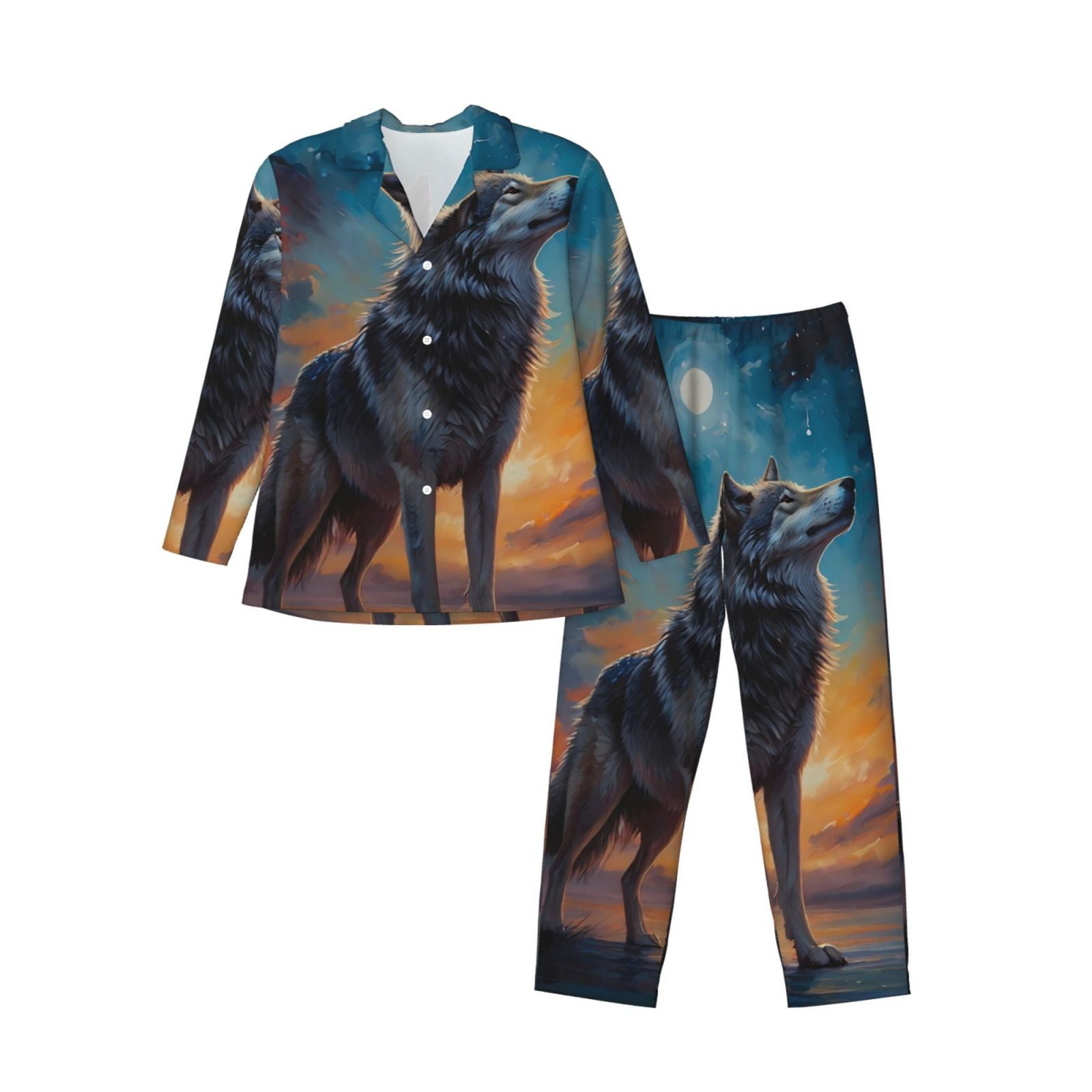 Gaeub Moonlit Night Sky Wolf Mens Pajamas Set Mens Sleepwear with Long ...