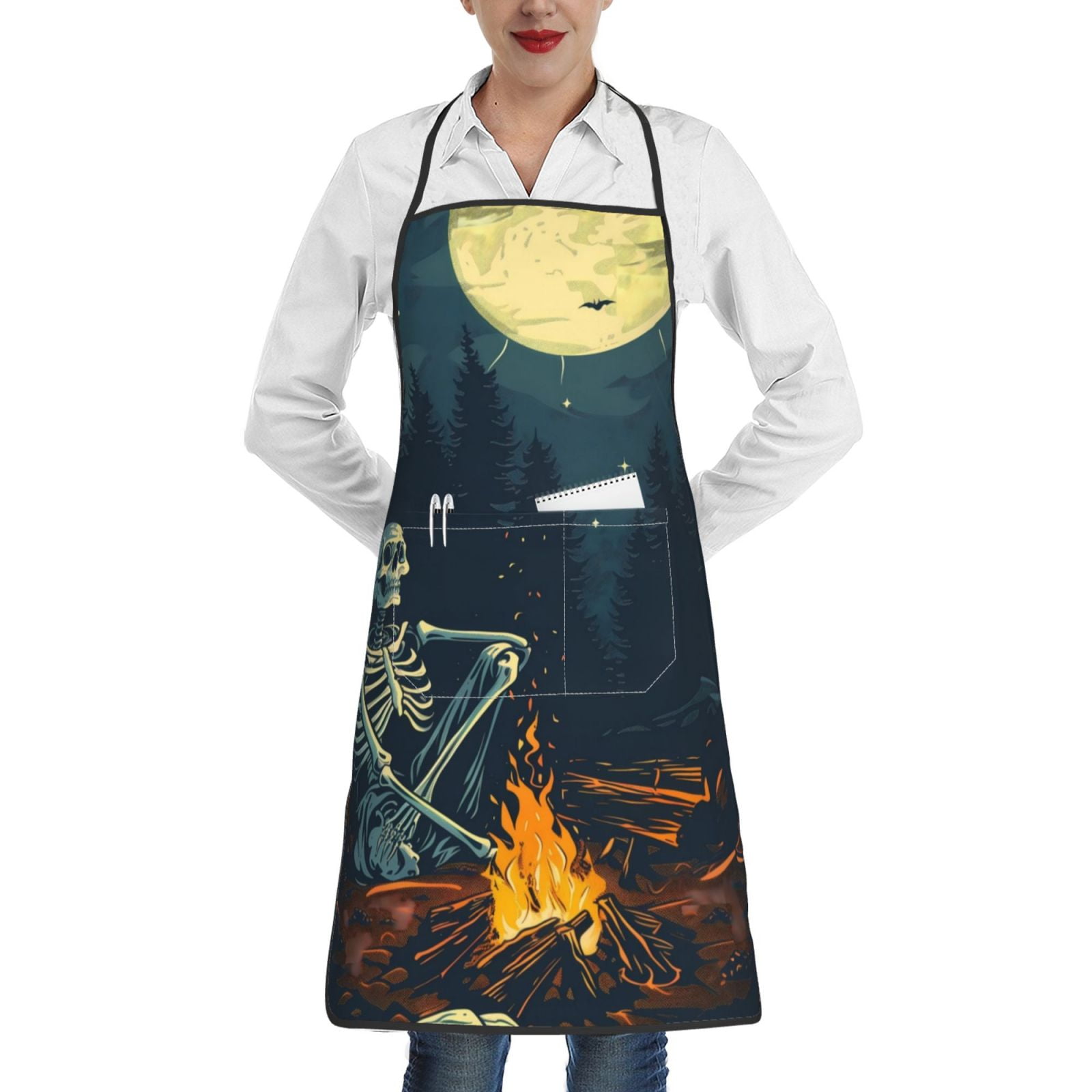 Gaeub Moonlit Skeleton Campfire Kitchen Cooking Aprons Adjustable Bib ...