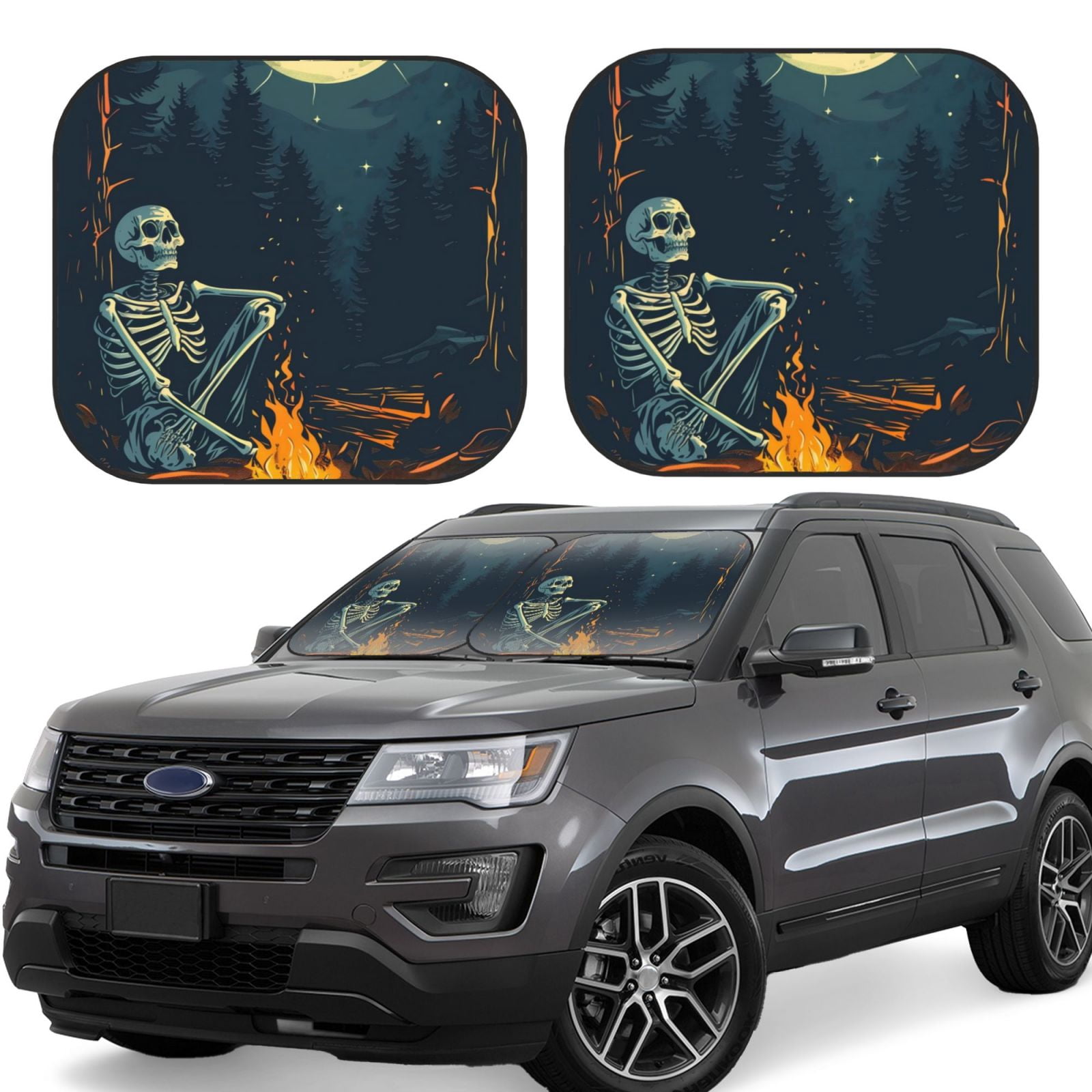 Gaeub Moonlit Skeleton Campfire Print 2-Piece Windshield Sun Shade,Foldable Car Front Window ...