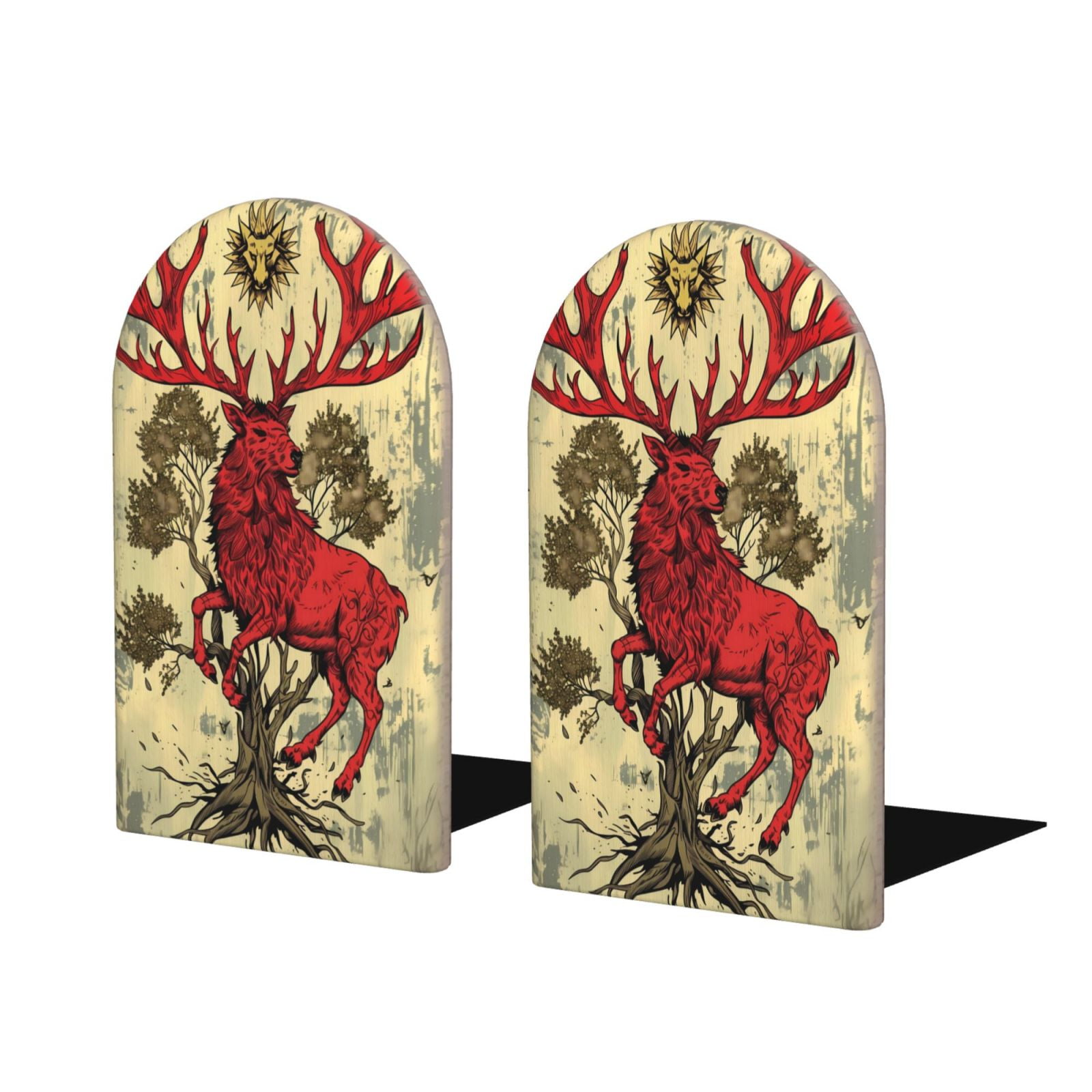 Gaeub Mythical Red Stag Illustration Wood Bookends, Non-Slip Bookends ...