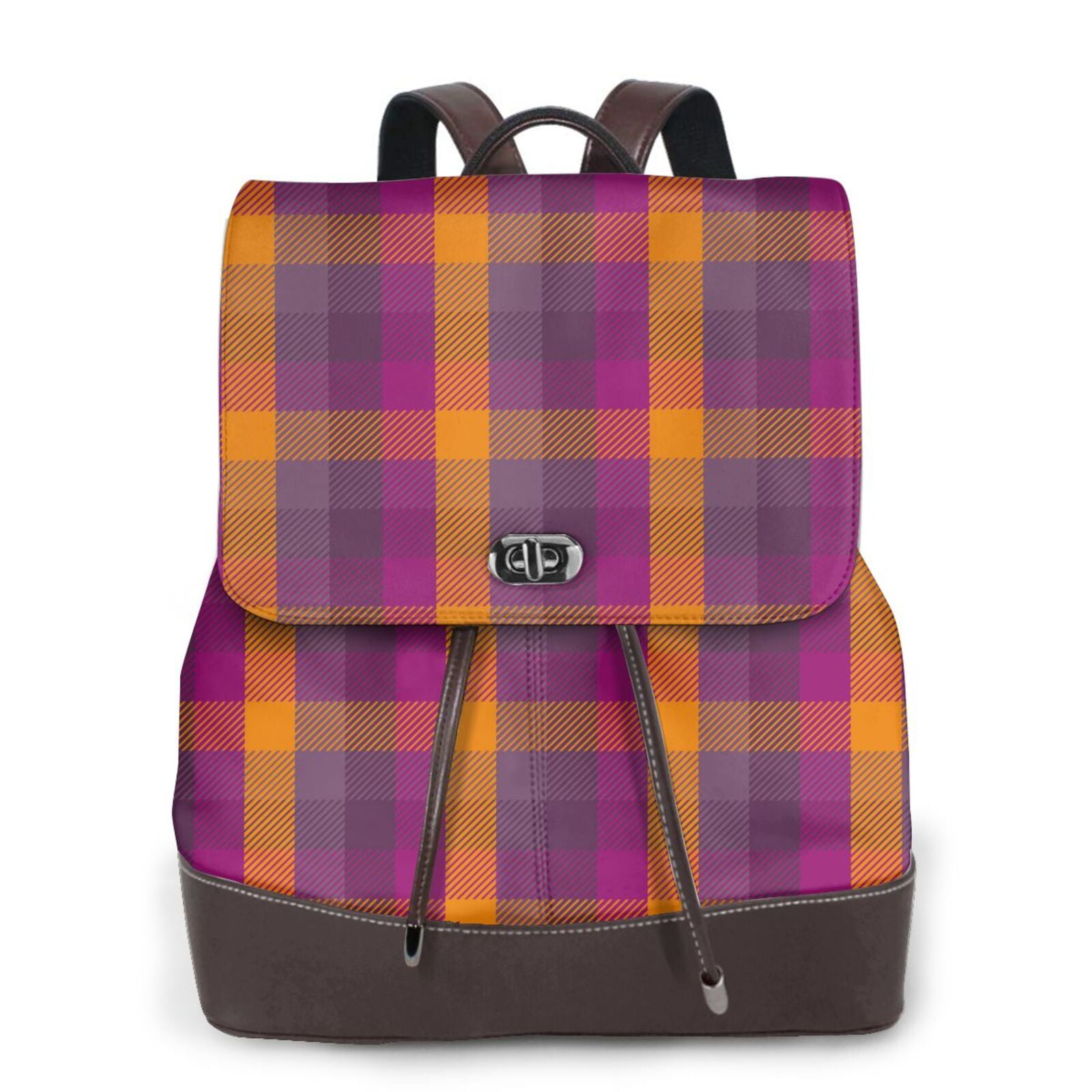 Gaeub Orange and Purple Plaid Print Women's Leather Backpack,Travel ...