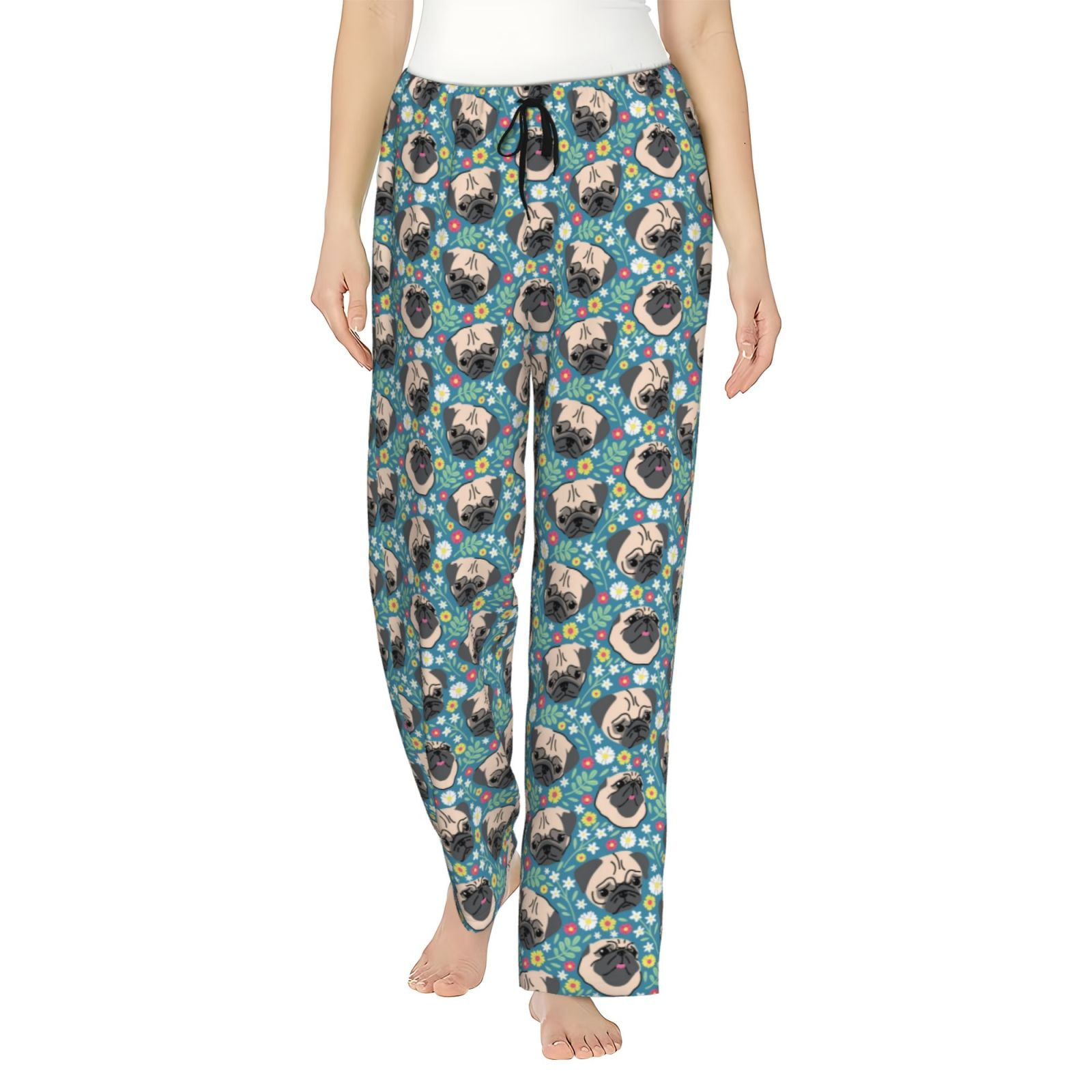 Gaeub PUG HEAD And Flower Soft Pajama Pants for Women, Wide Leg Comfy ...