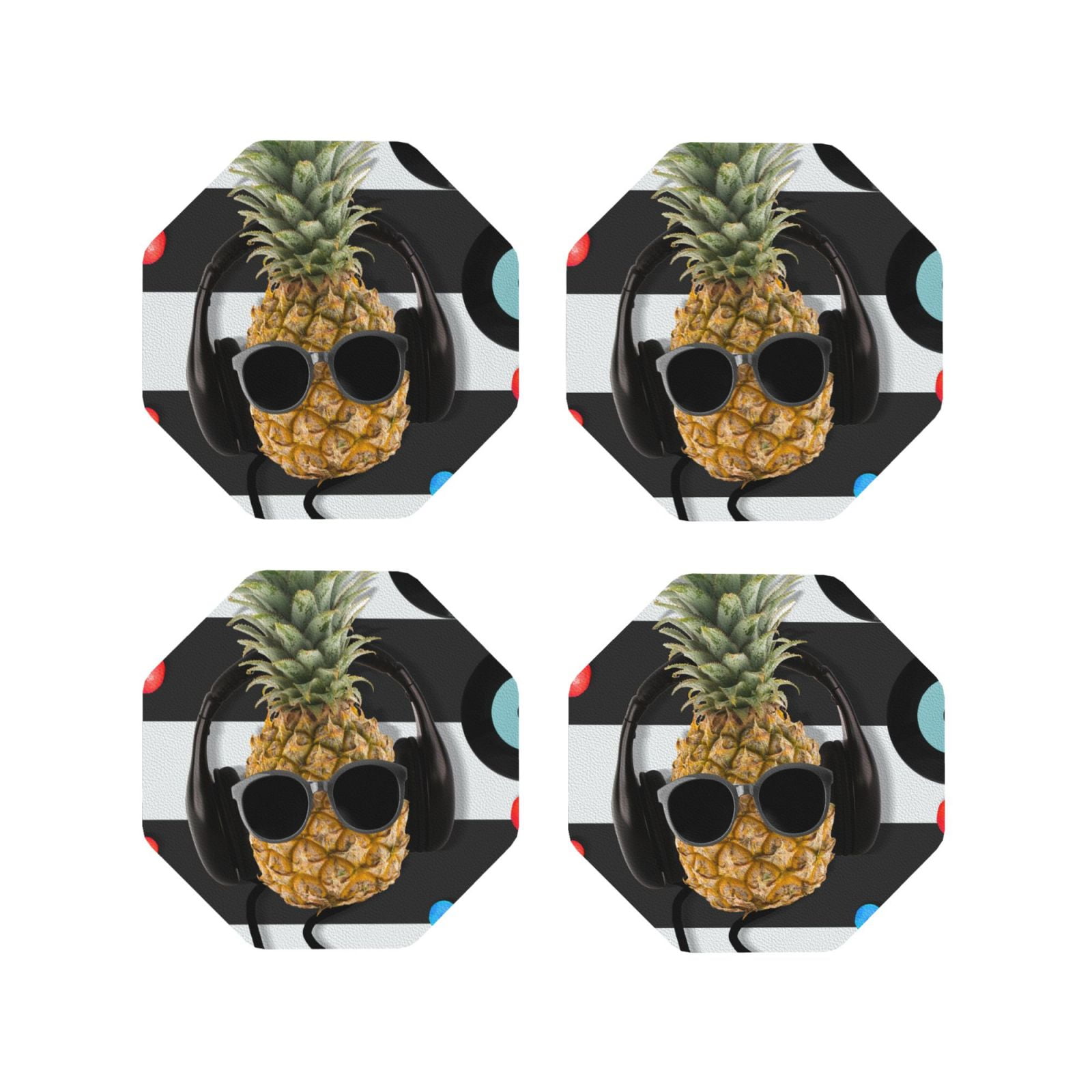 Gaeub Pineapple With Black Glasses Print 4 Pcs Leather Coasters for ...