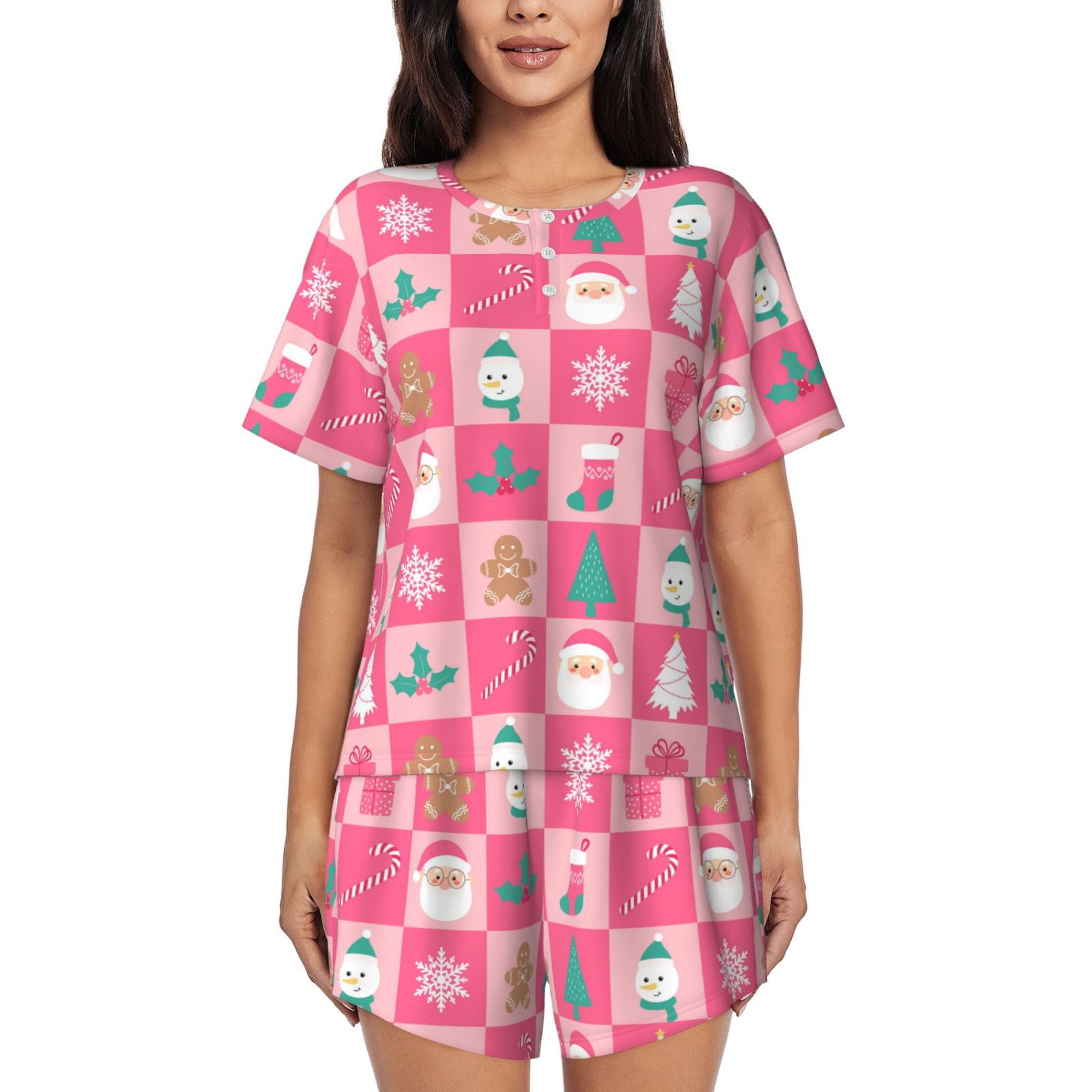 Gaeub Pink Christmas Cheer Women's Short Sleeve Pajama Set Soft ...